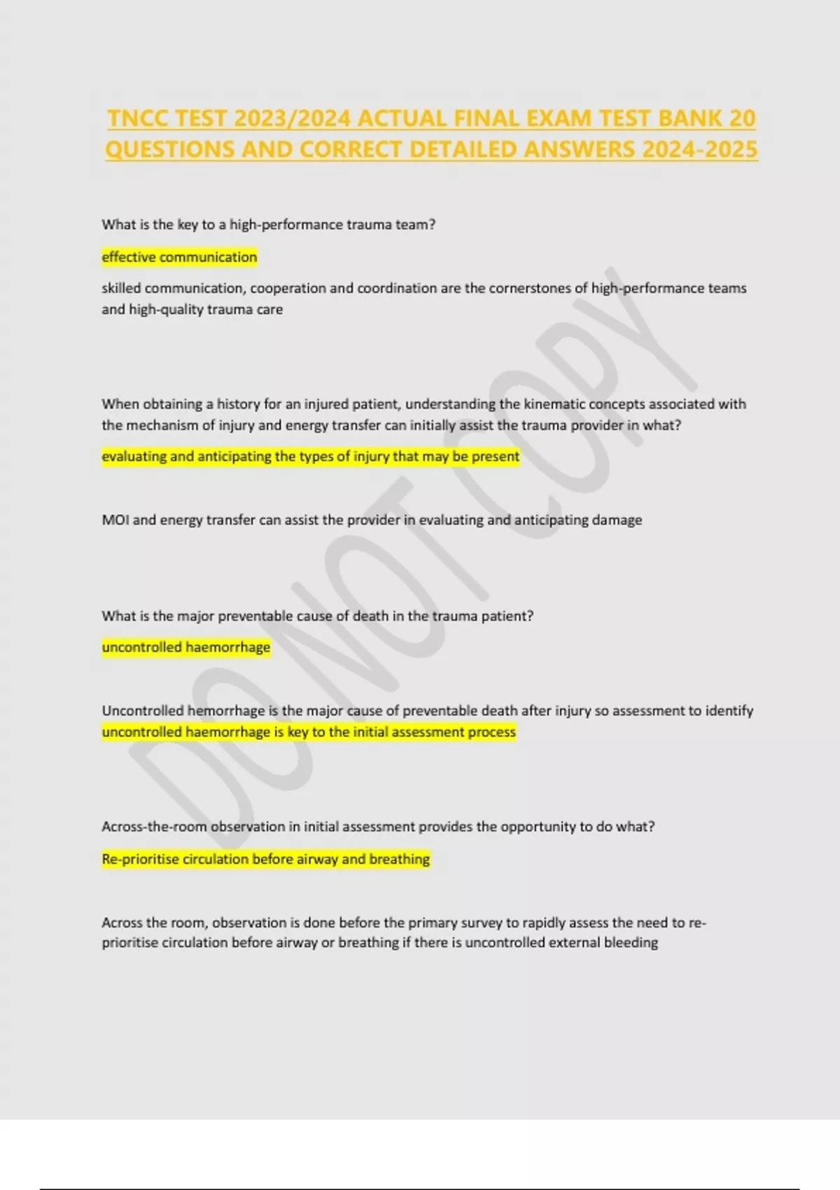 TNCC TEST 2023/2024 ACTUAL FINAL EXAM TEST BANK 20 QUESTIONS AND CORRET ...