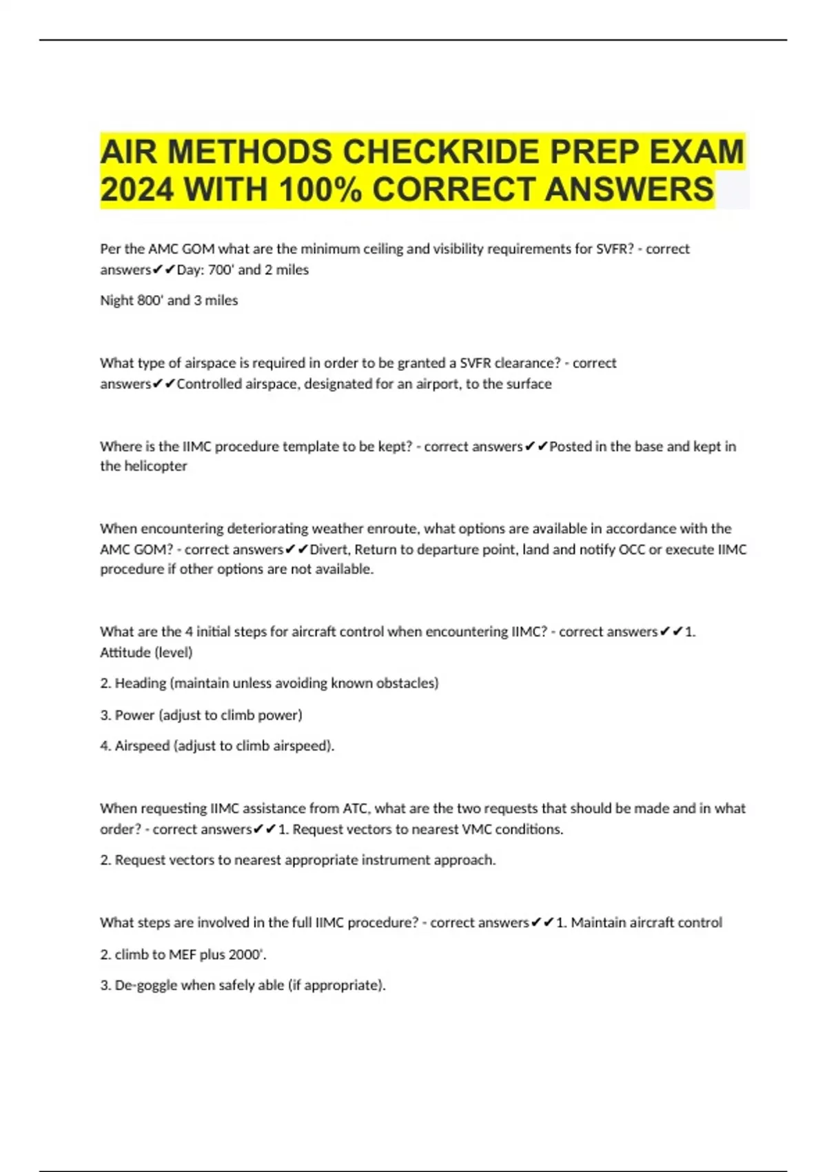 AIR METHODS CHECKRIDE PREP EXAM 2024 WITH 100% CORRECT ANSWERS - AIR ...