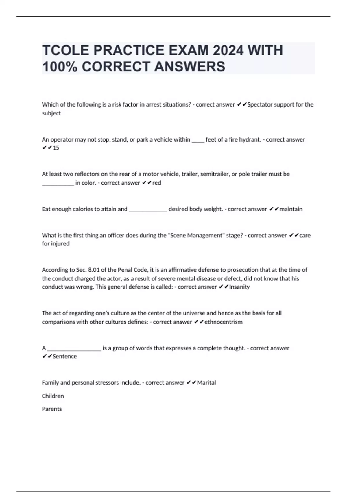 TCOLE PRACTICE EXAM 2024 WITH 100% CORRECT ANSWERS - TCOLE - Stuvia US