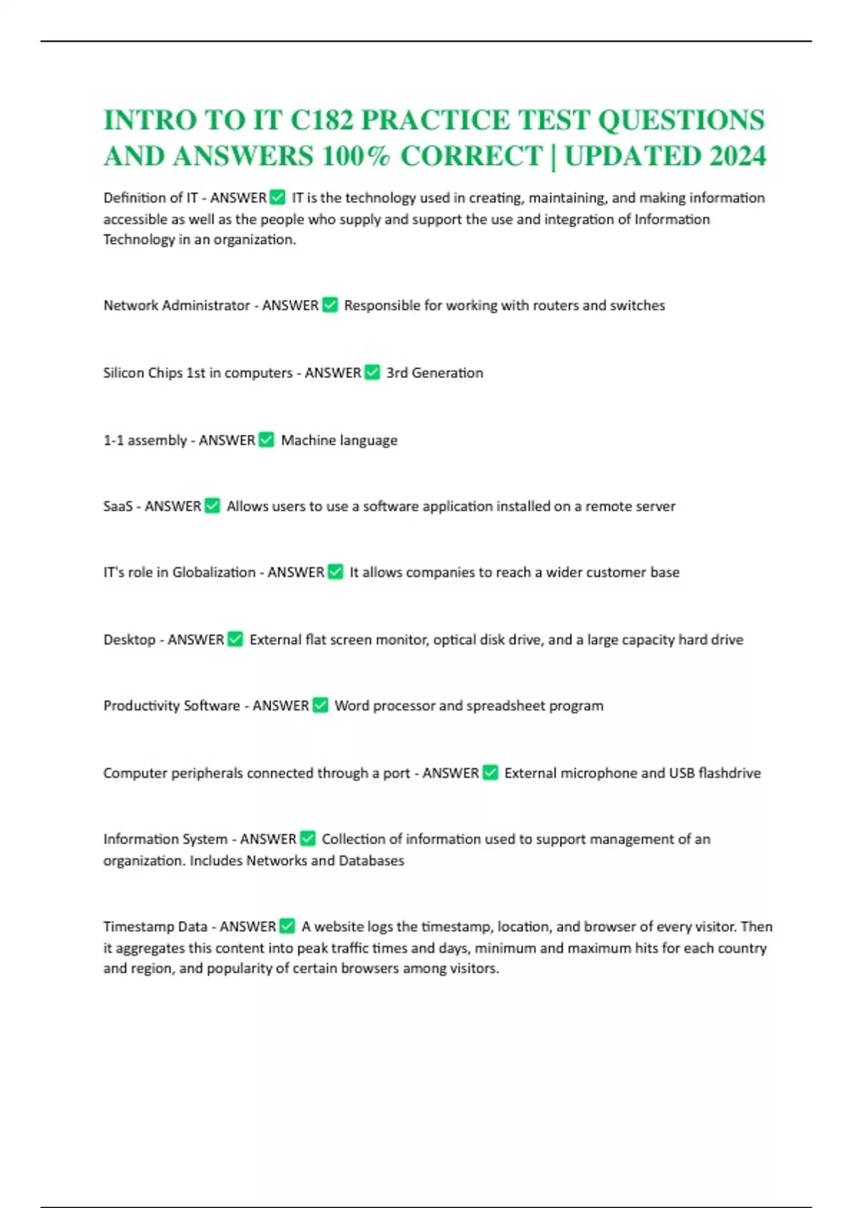INTRO TO IT C182 PRACTICE TEST QUESTIONS AND ANSWERS 100% CORRECT ...