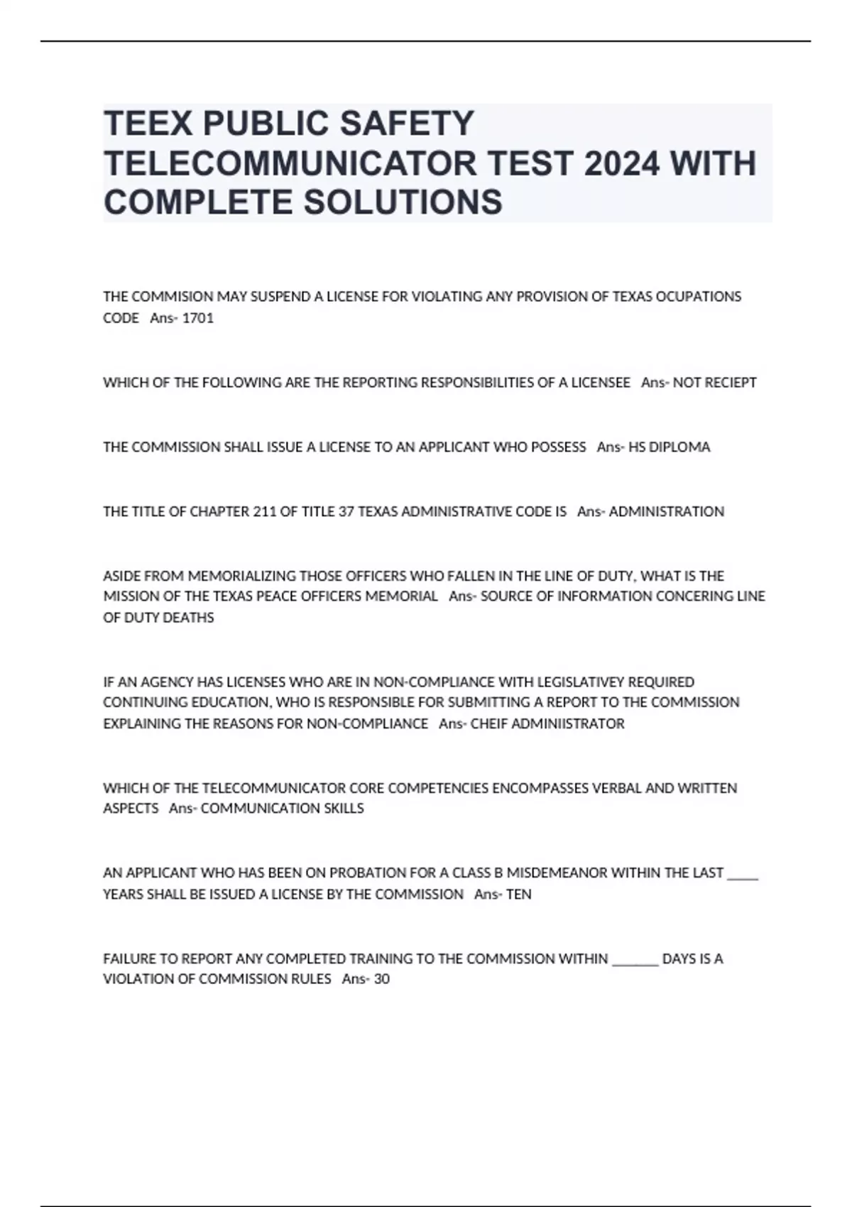 TEEX PUBLIC SAFETY TELECOMMUNICATOR TEST 2024 WITH COMPLETE SOLUTIONS ...