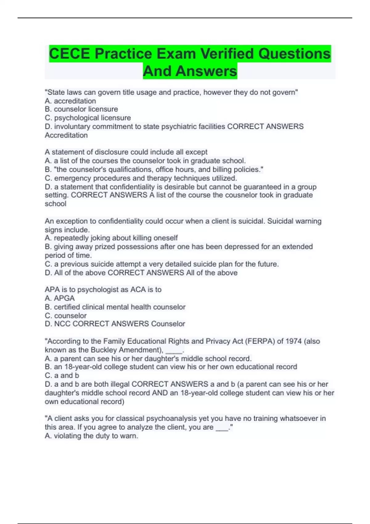 CECE Practice Exam Verified Questions And Answers - CECE - Stuvia US