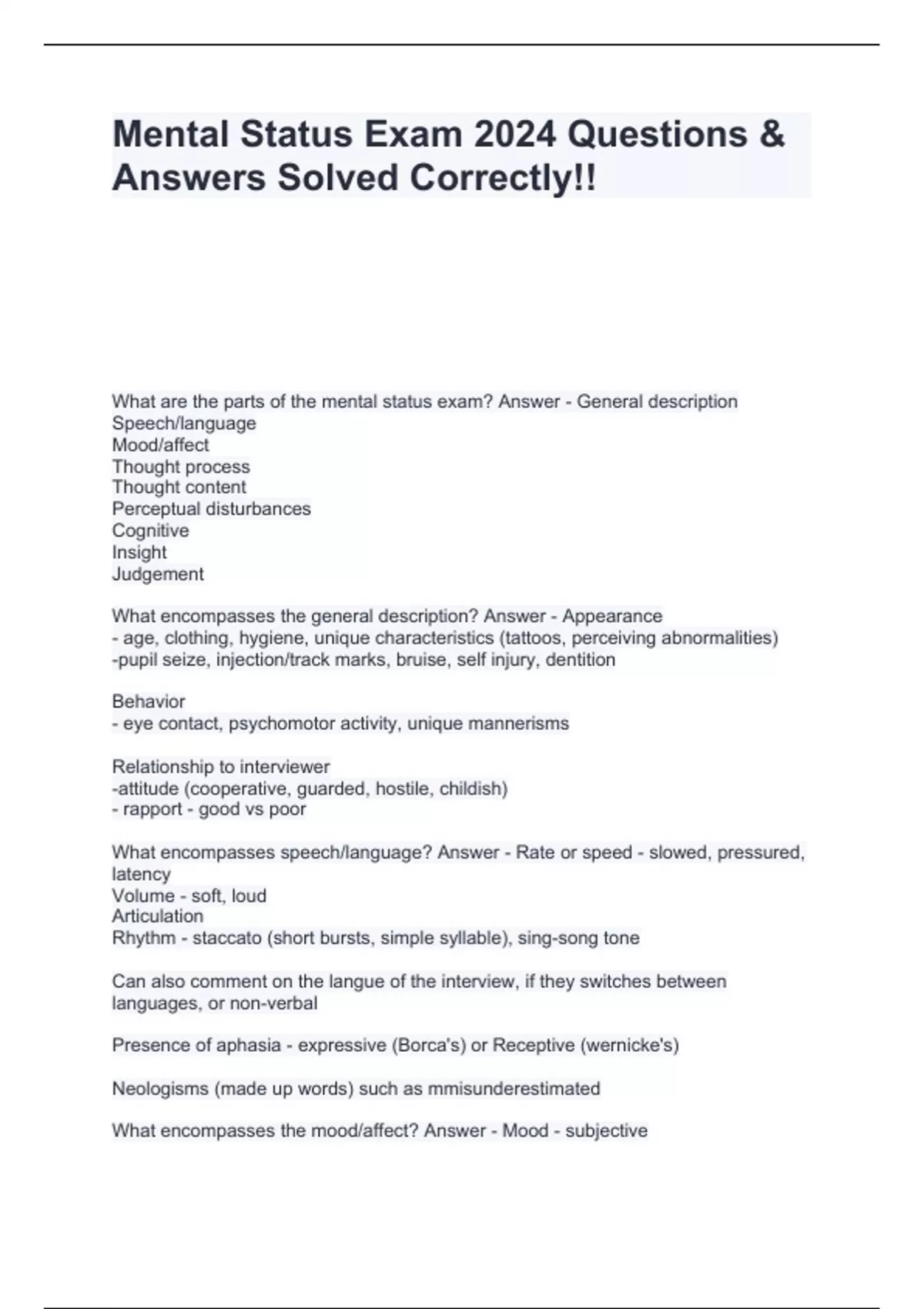 Mental Status Exam 2024 Questions & Answers Solved Correctly!! - Mental ...