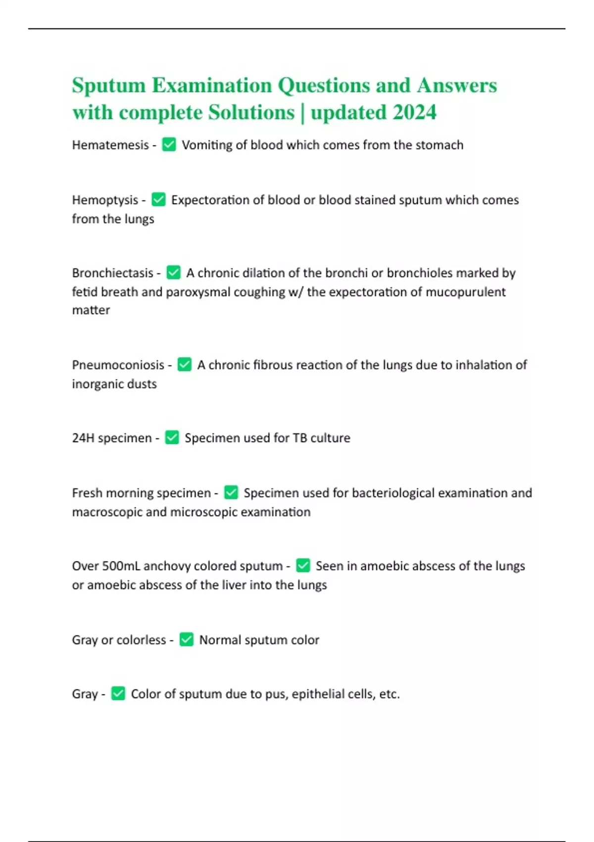 Sputum Examination Questions and Answers with complete Solutions | updated 2024 - Sputum BOWL ...