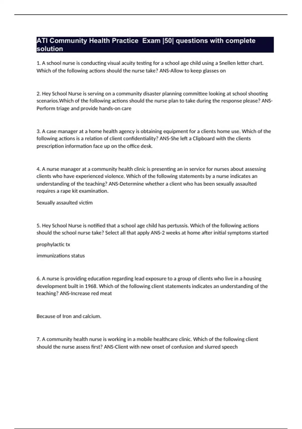 ATI Community Health Practice Exam |50| questions with complete ...