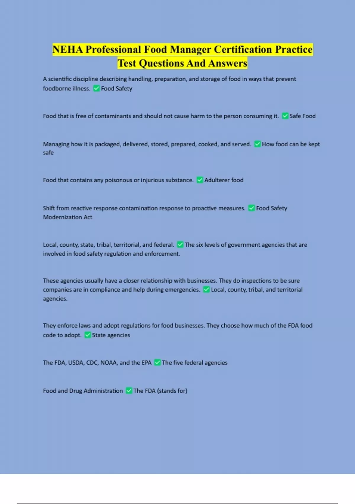 NEHA Professional Food Manager Certification Practice Test Questions ...