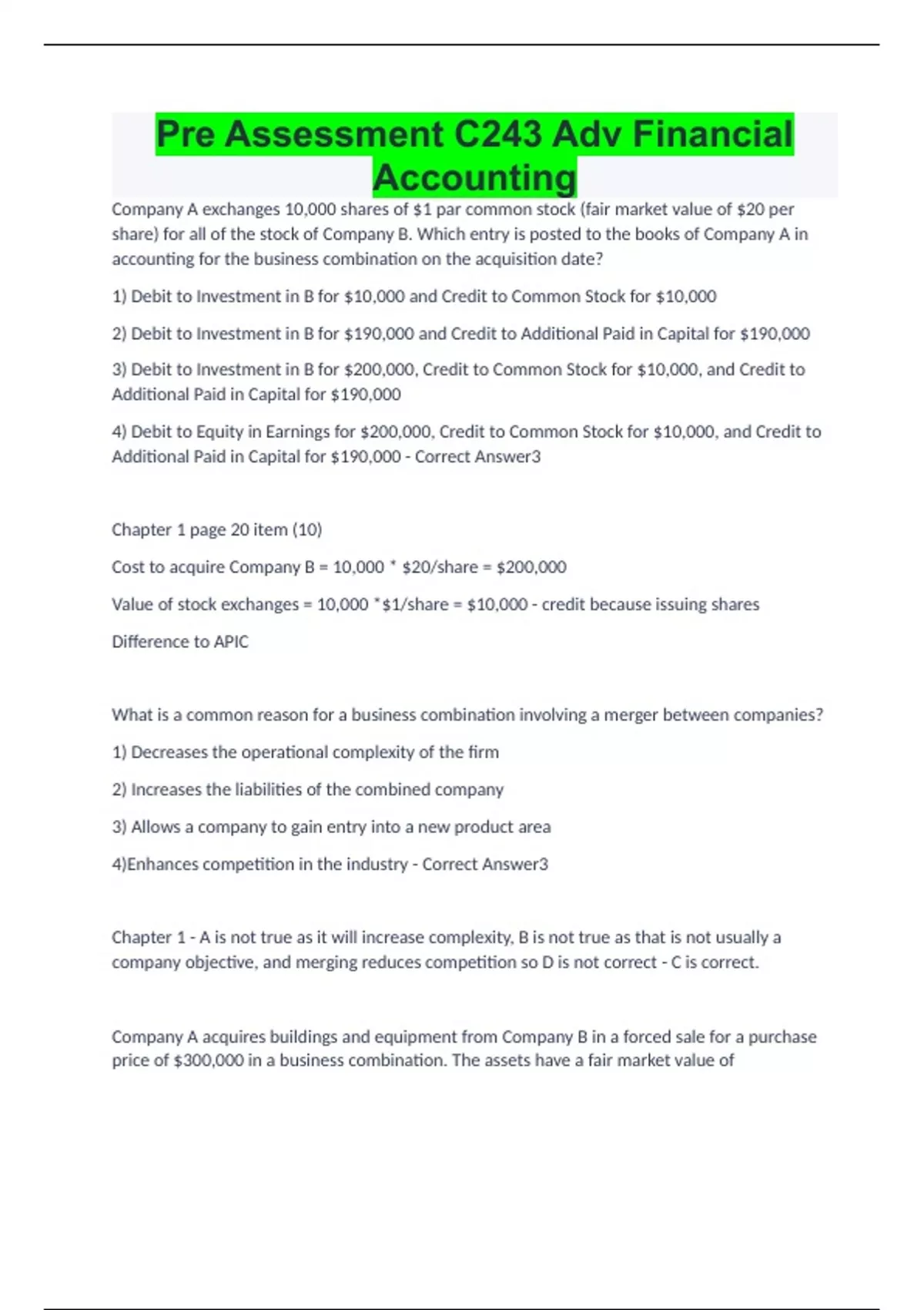Pre Assessment ACCT 5100 C243 Advanced Financial Accounting - ACCT 5100 ...