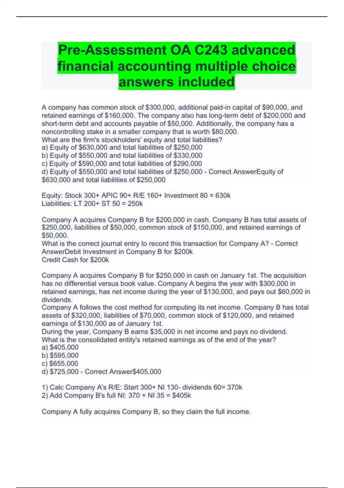 ACCT 5100 Pre-Assessment OA C243 advanced financial accounting multiple ...