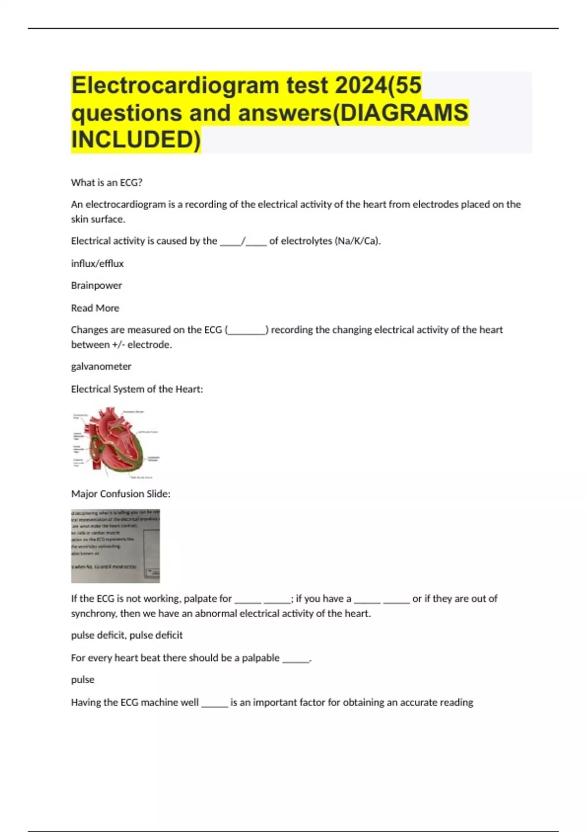 Electrocardiogram test 2024(55 questions and answers(DIAGRAMS INCLUDED ...