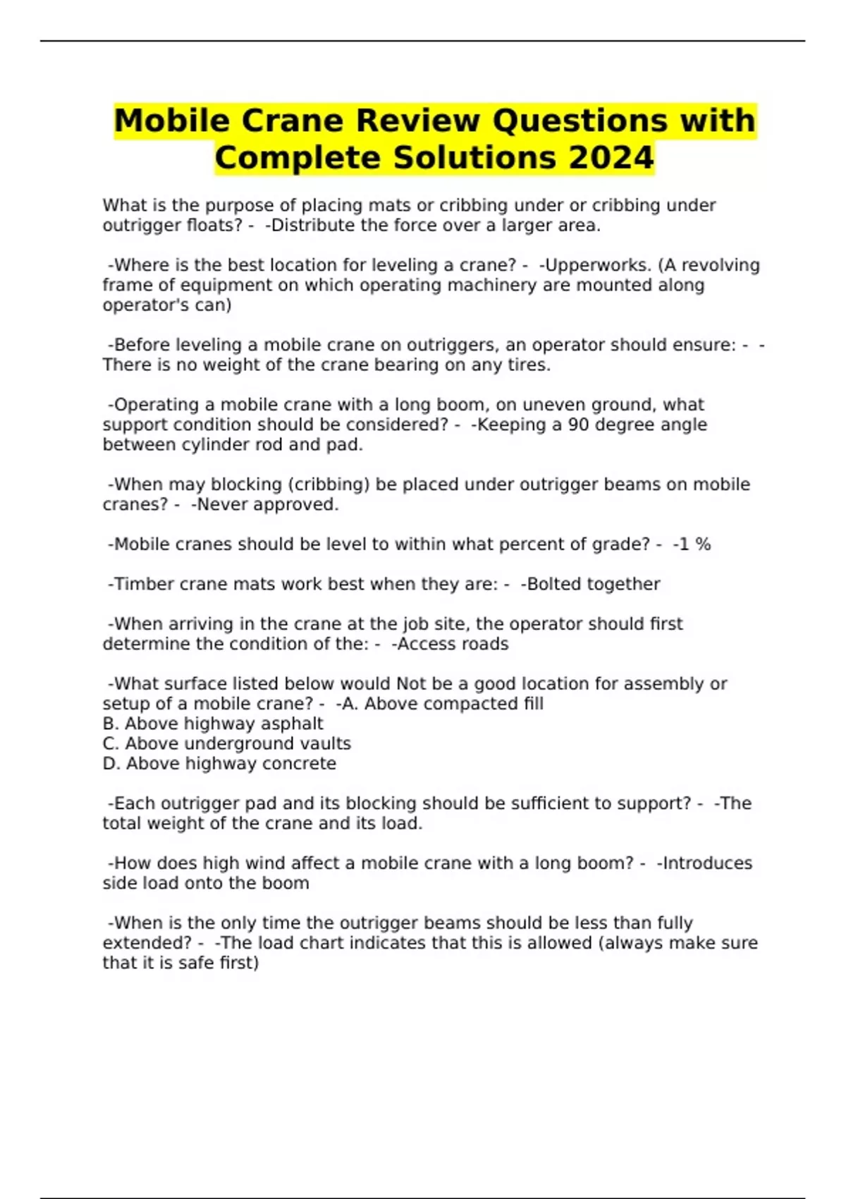 Mobile Crane Review Questions with Complete Solutions 2024 - Mobile ...