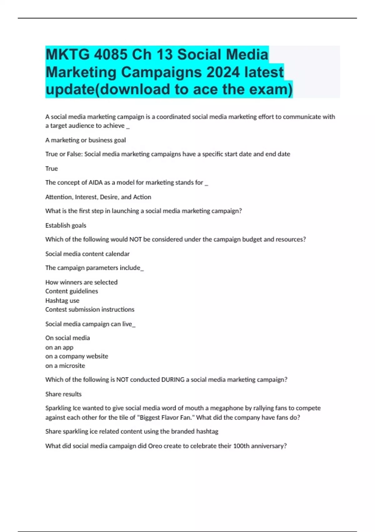 MKTG 4085 Ch 13 Social Media Marketing Campaigns 2024 latest update ...