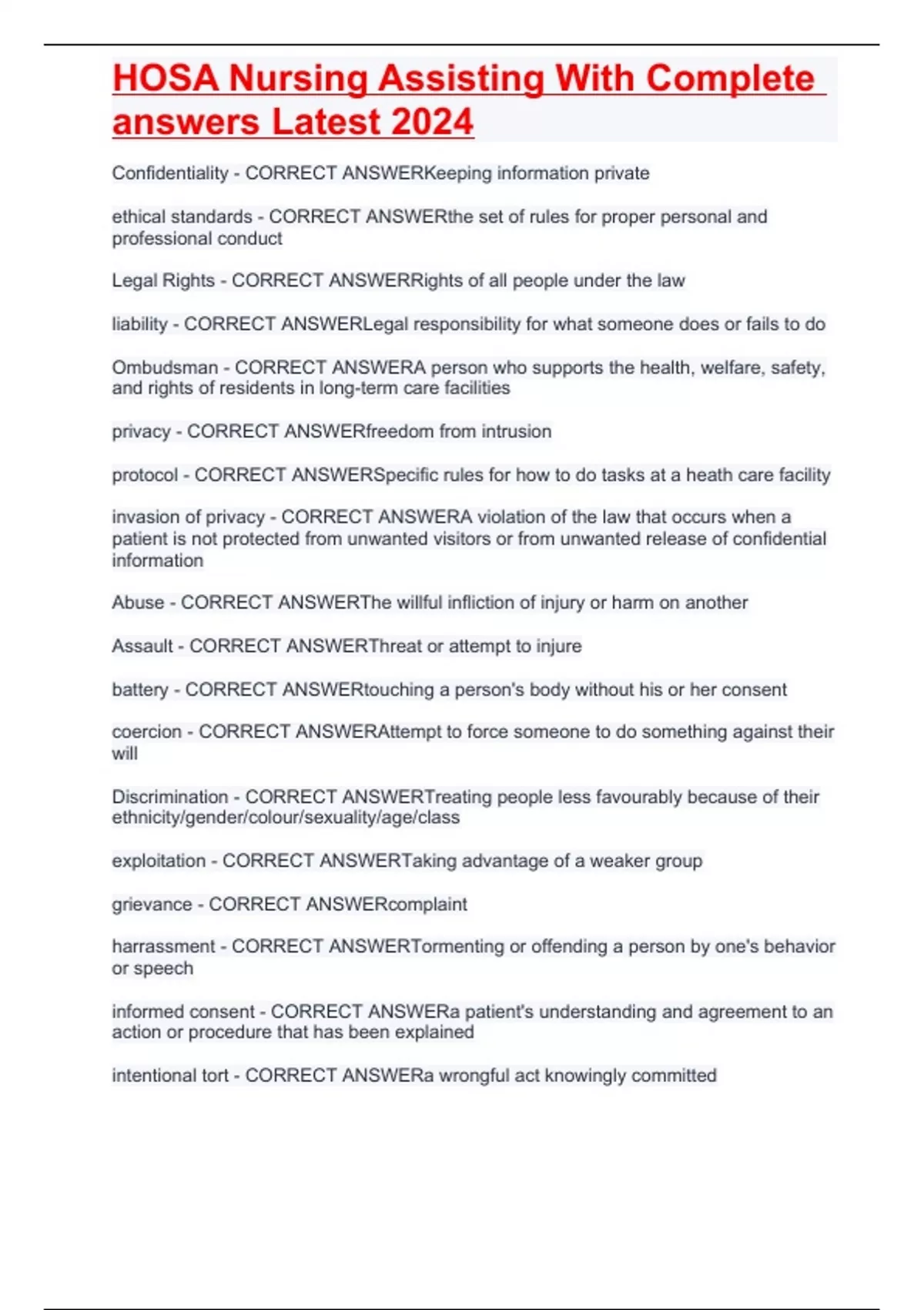 HOSA Nursing Assisting With Complete answers Latest 2024 - HOSA Nursing ...