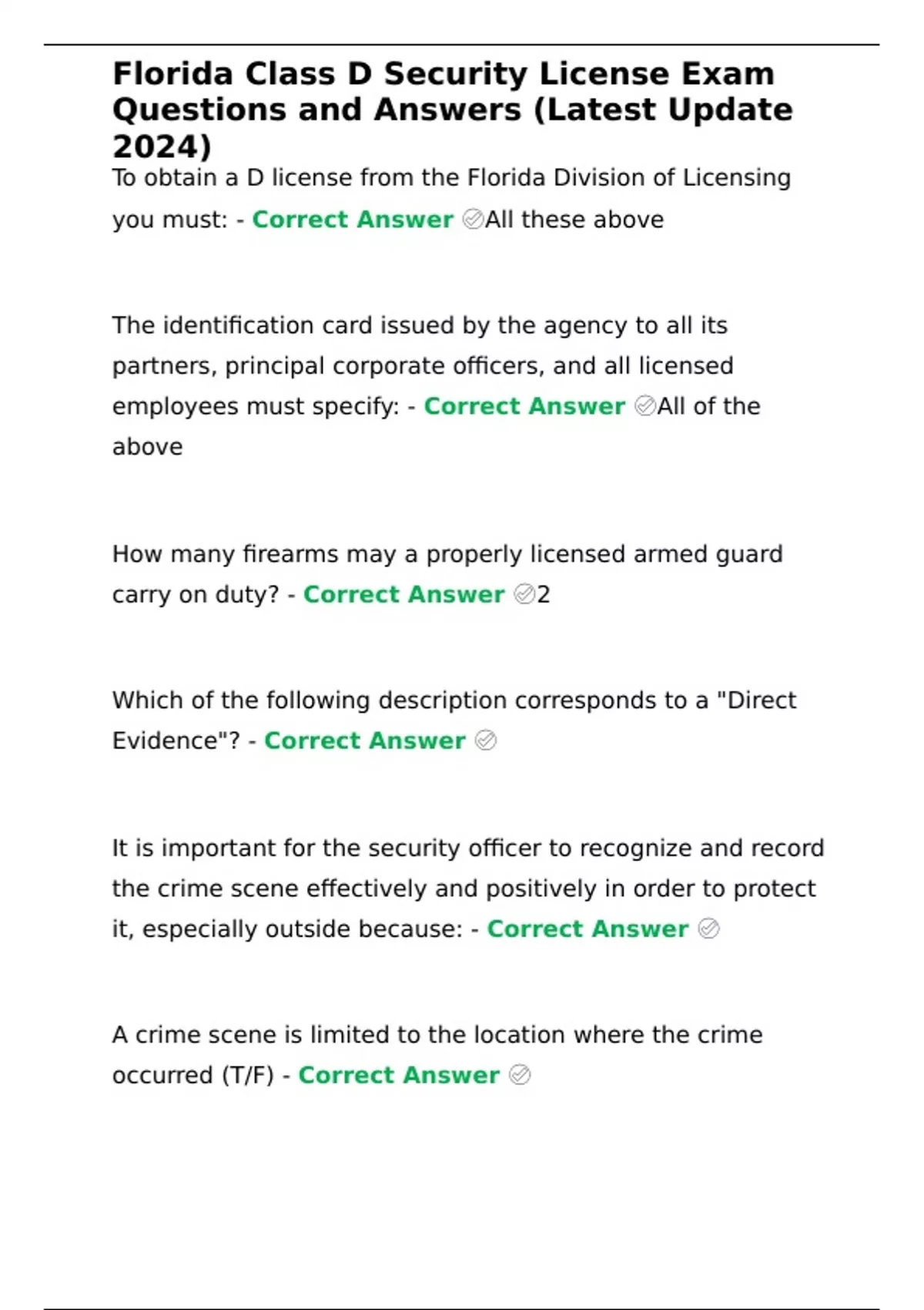 Florida Class D Security License Exam Questions and Answers (Latest ...