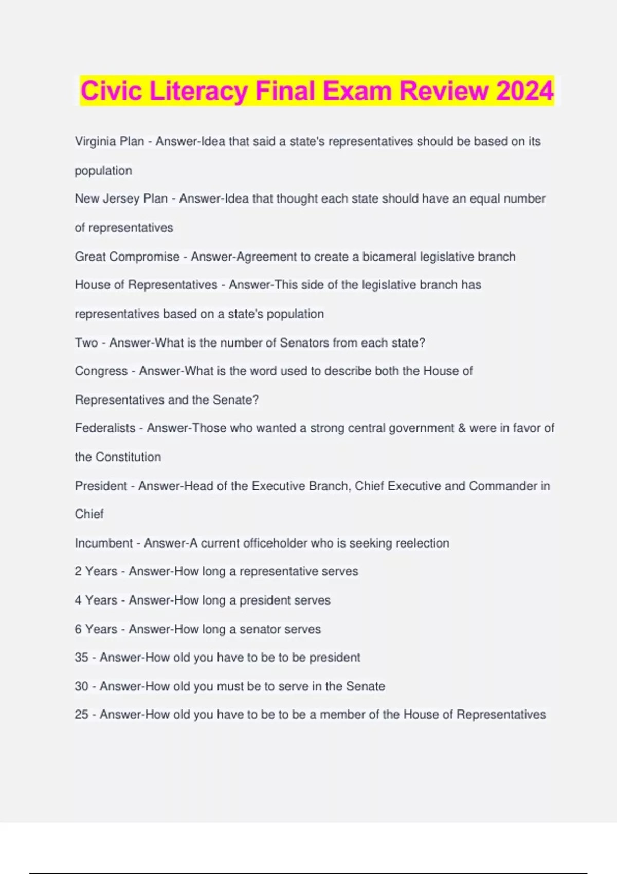 Civic Literacy Final Exam Review 2024 - Civic Literacy - Stuvia US