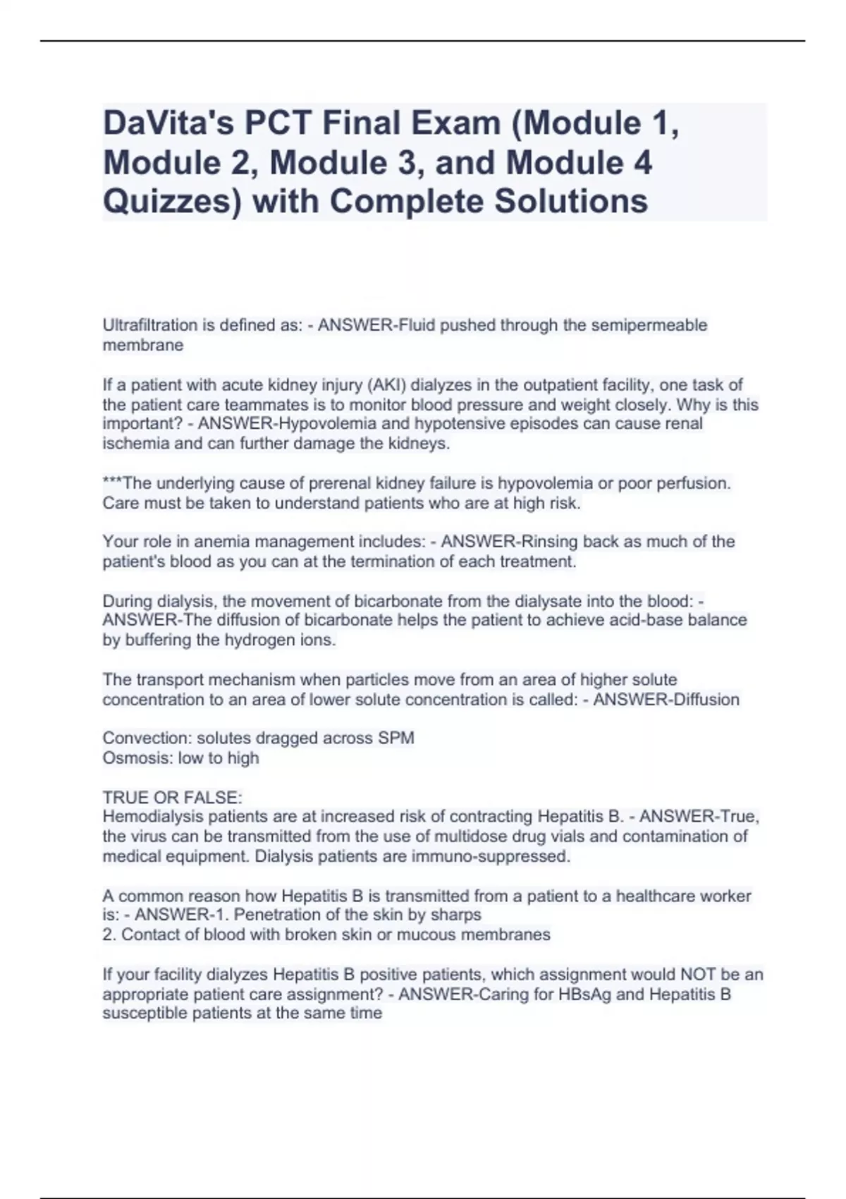 DaVita's PCT Final Exam (Module 1, Module 2, Module 3, and Module 4 ...