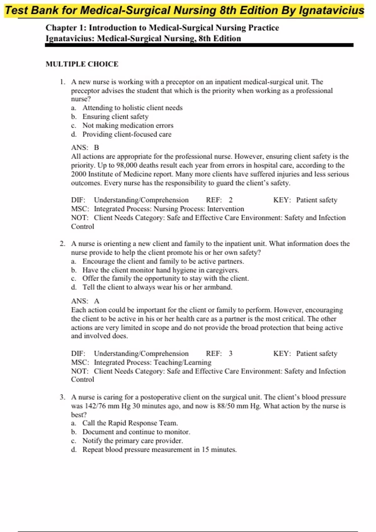 TEST BANK For Ignatavicius: Medical-Surgical Nursing, 8th Edition ALL ...
