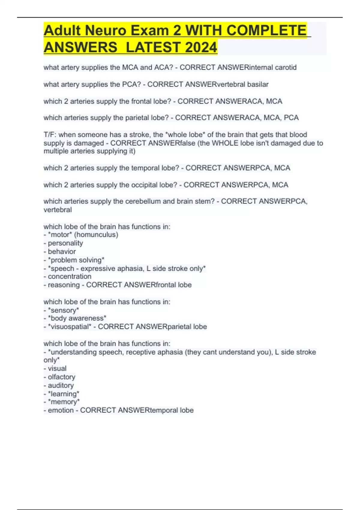 Adult Neuro Exam 2 WITH COMPLETE ANSWERS LATEST 2024 - Adult Neuro ...