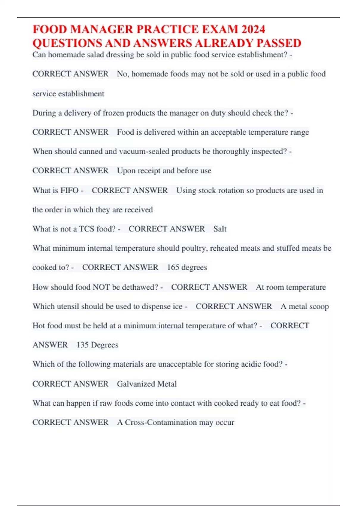 FOOD MANAGER PRACTICE EXAM 2024 QUESTIONS AND ANSWERS ALREADY PASSED ...