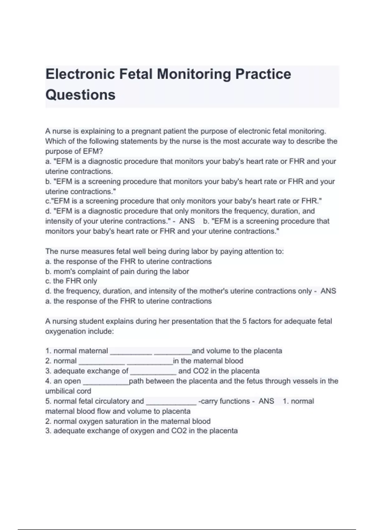 Electronic Fetal Monitoring Practice Questions And Answers - Ncc efm ...