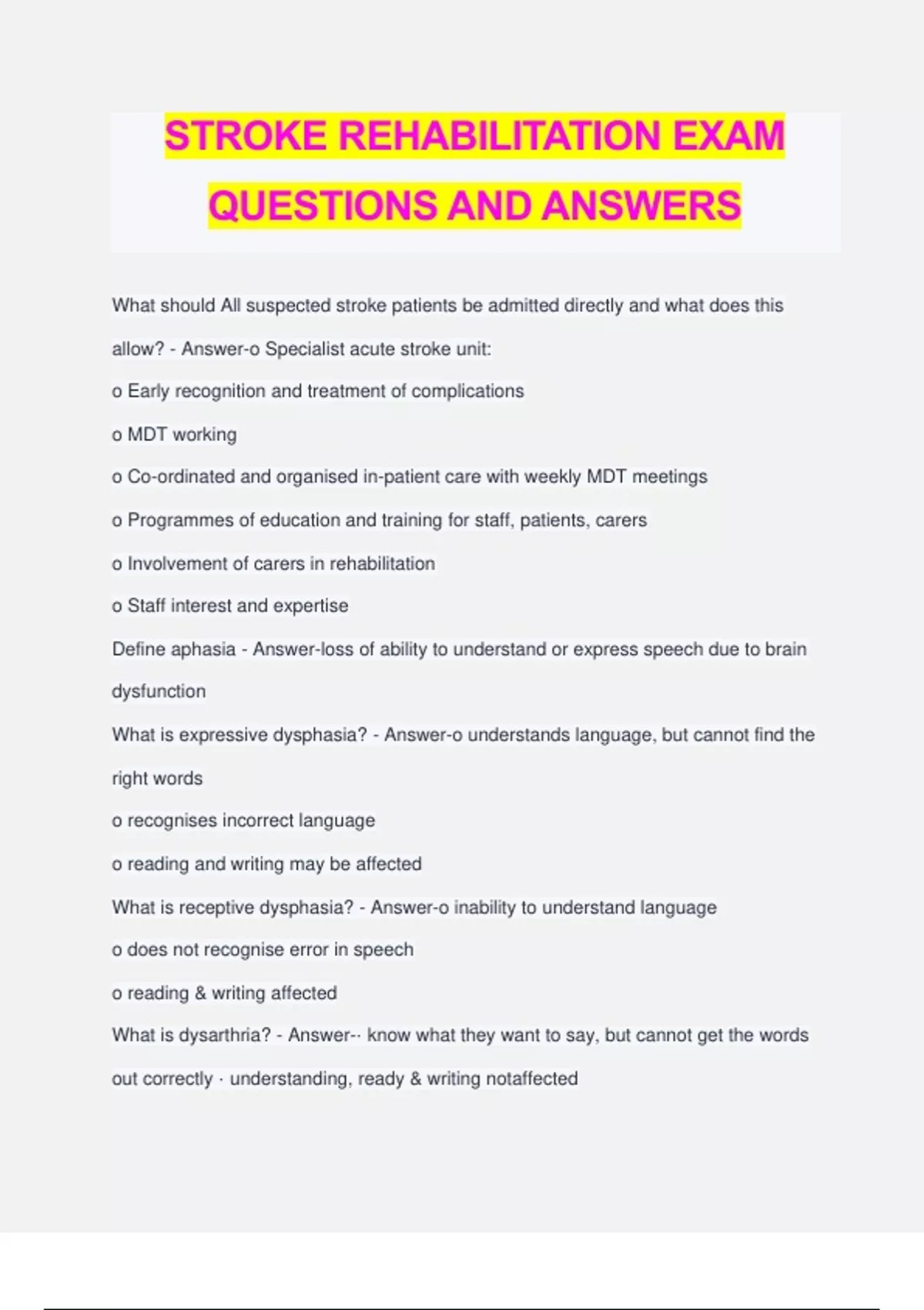 STROKE REHABILITATION EXAM QUESTIONS AND ANSWERS - Stroke ...