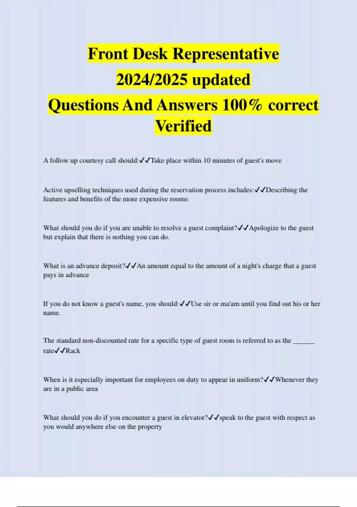 Front Desk Representative 2024/2025 updated Questions And Answers 100% ...