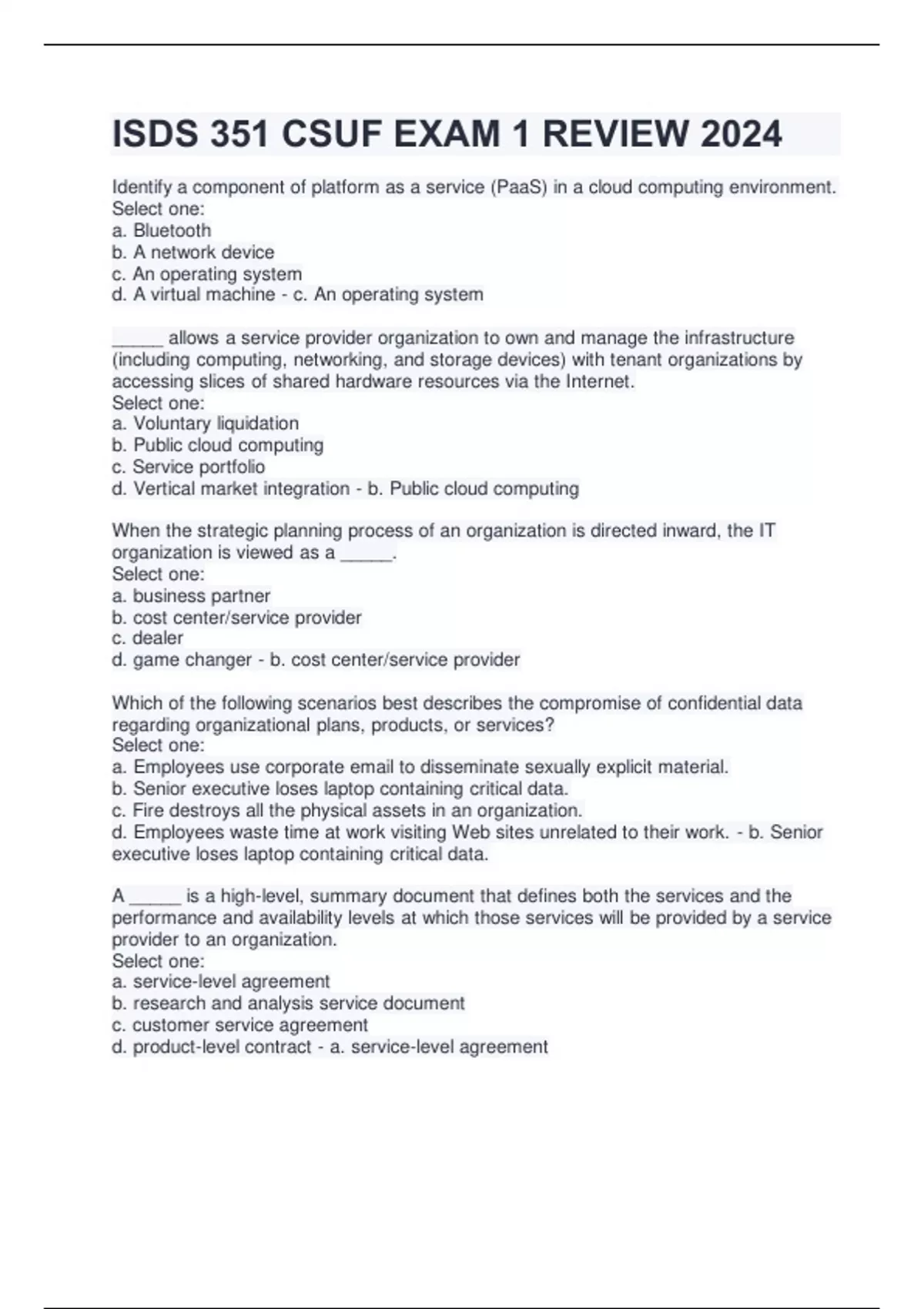 ISDS 351 CSUF EXAM 1 REVIEW 2024 - ISDS 351 CSUF - Stuvia US