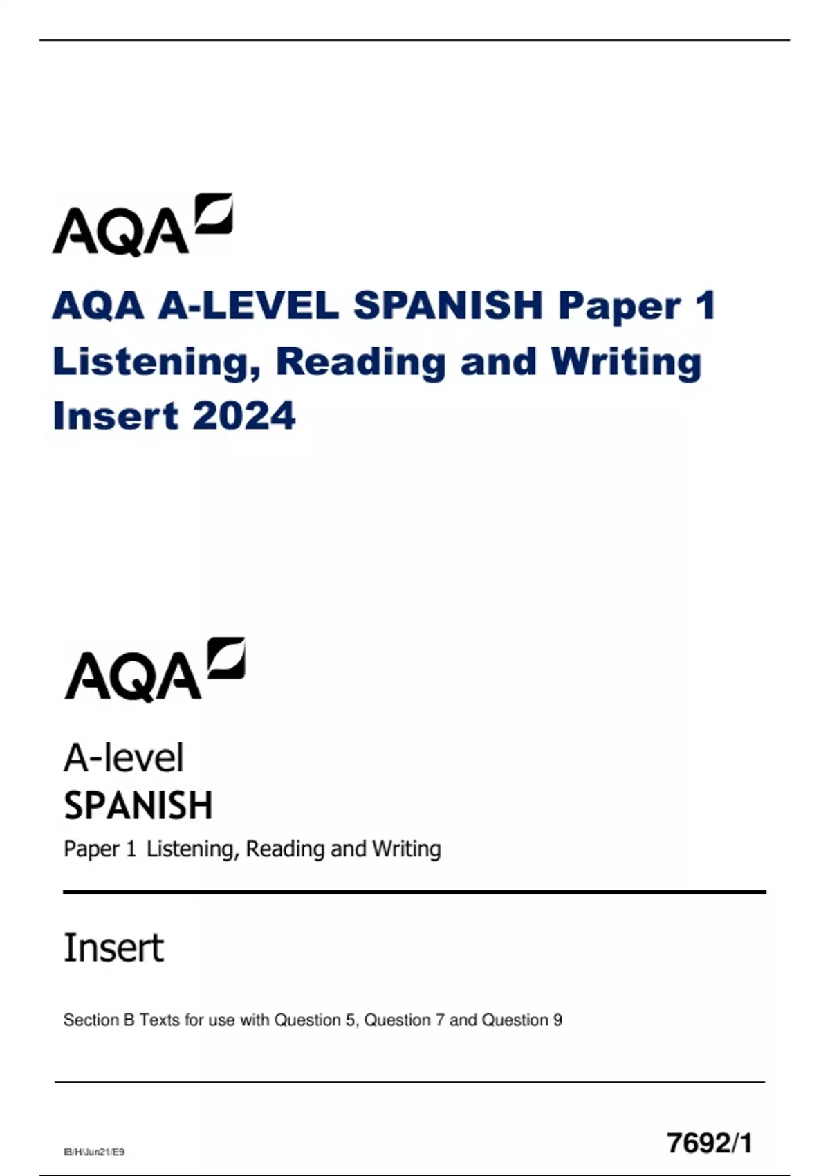 AQA A-LEVEL SPANISH Paper 1 Listening, Reading and Writing Insert 2024 ...