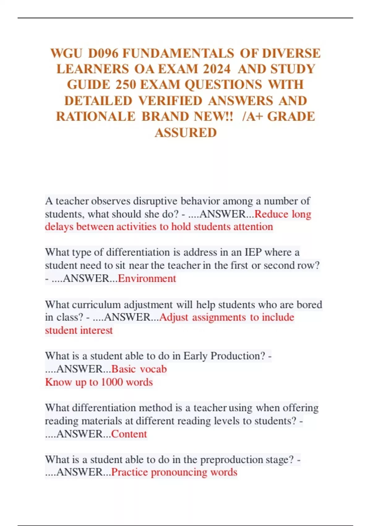 WGU D096 FUNDAMENTALS OF DIVERSE LEARNERS OA EXAM 2024 AND STUDY GUIDE ...