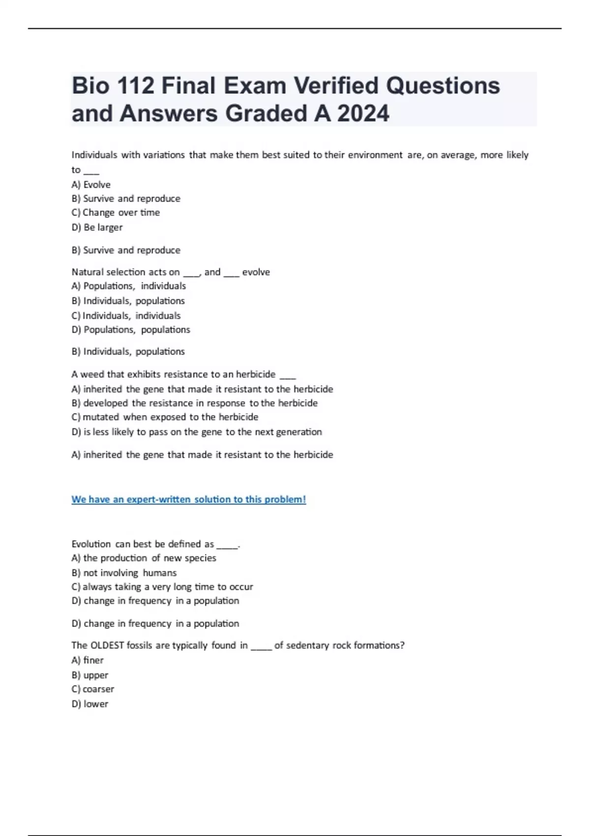 Bio 112 Final Exam Verified Questions and Answers Graded A 2024 - Bio ...