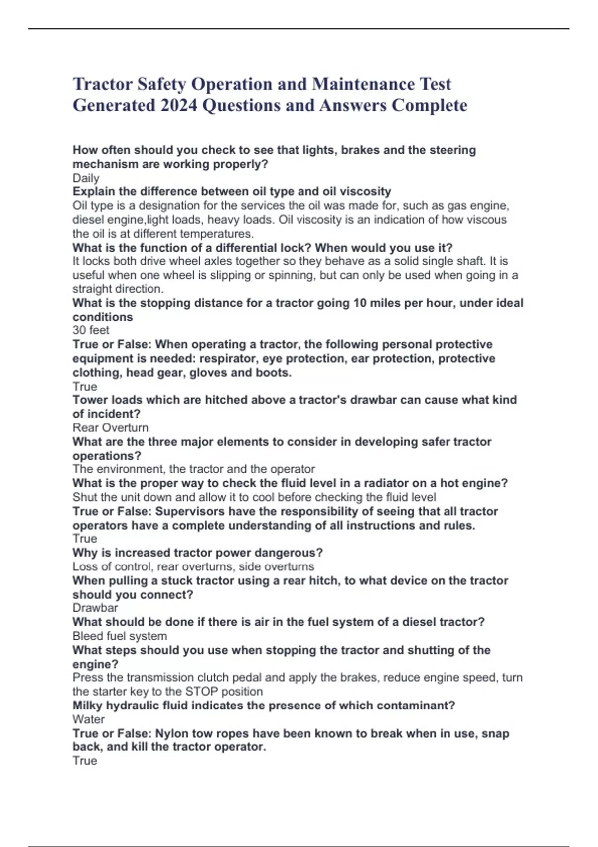 Tractor Safety Operation and Maintenance Test Generated 2024 Questions ...