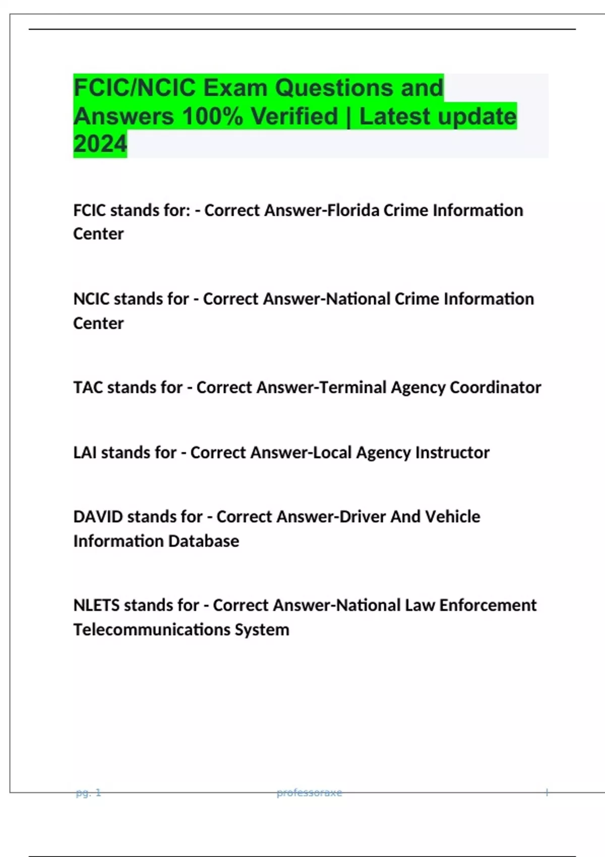 FCIC/NCIC Exam Questions and Answers 100% Verified | Latest update 2024 ...