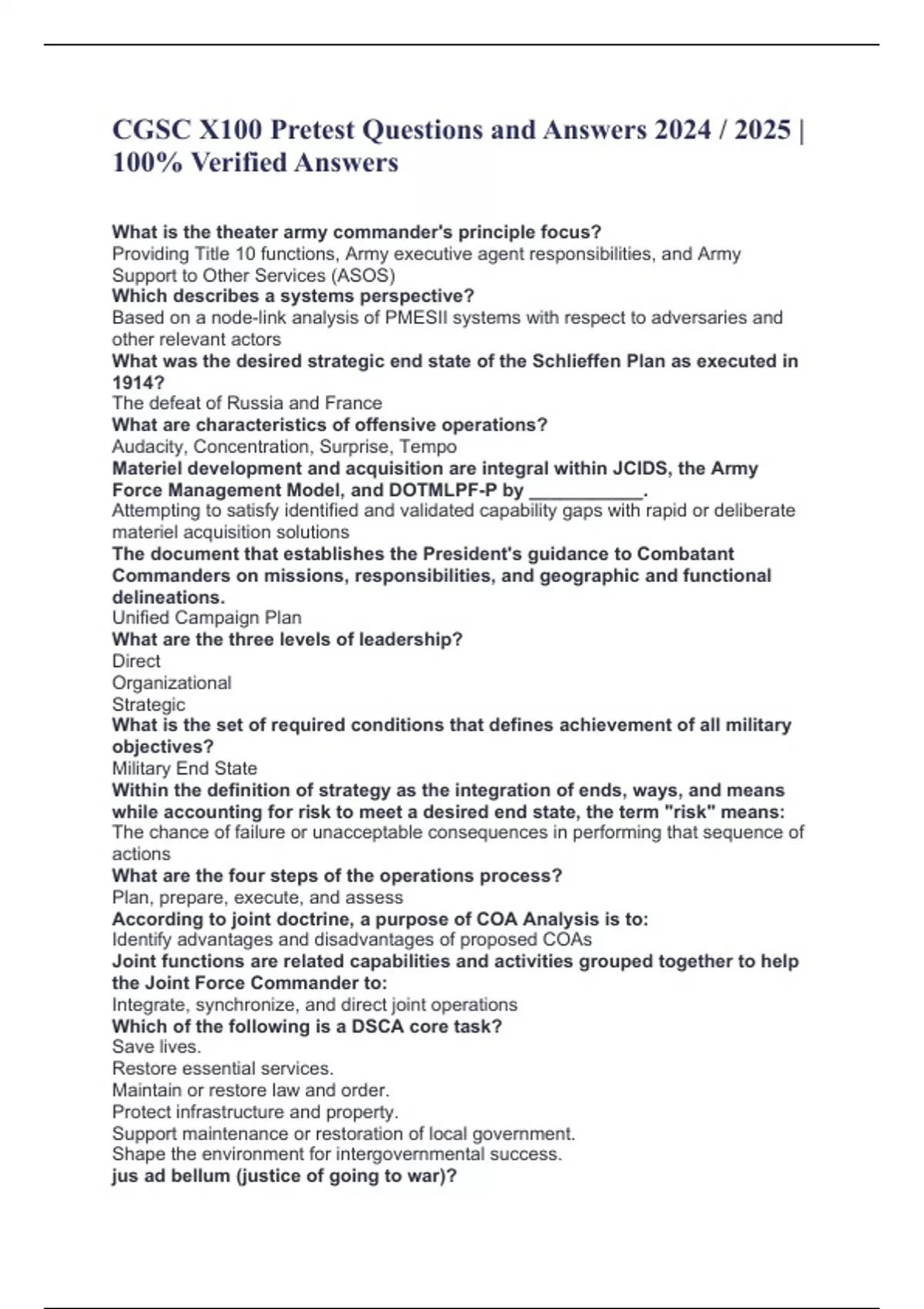 CGSC X100 Pretest Questions and Answers 2024 / 2025 | 100% Verified ...