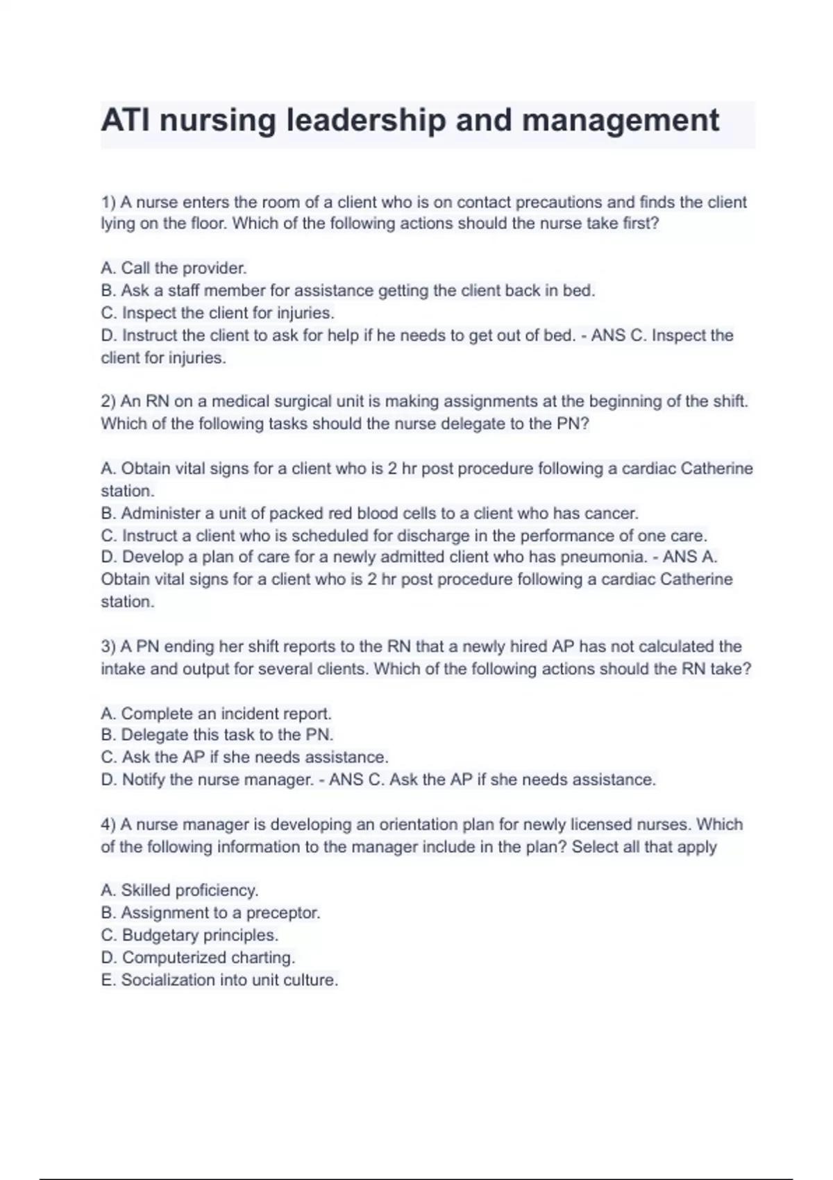 ATI nursing leadership and management Exam 2024 Questions & Answers ...