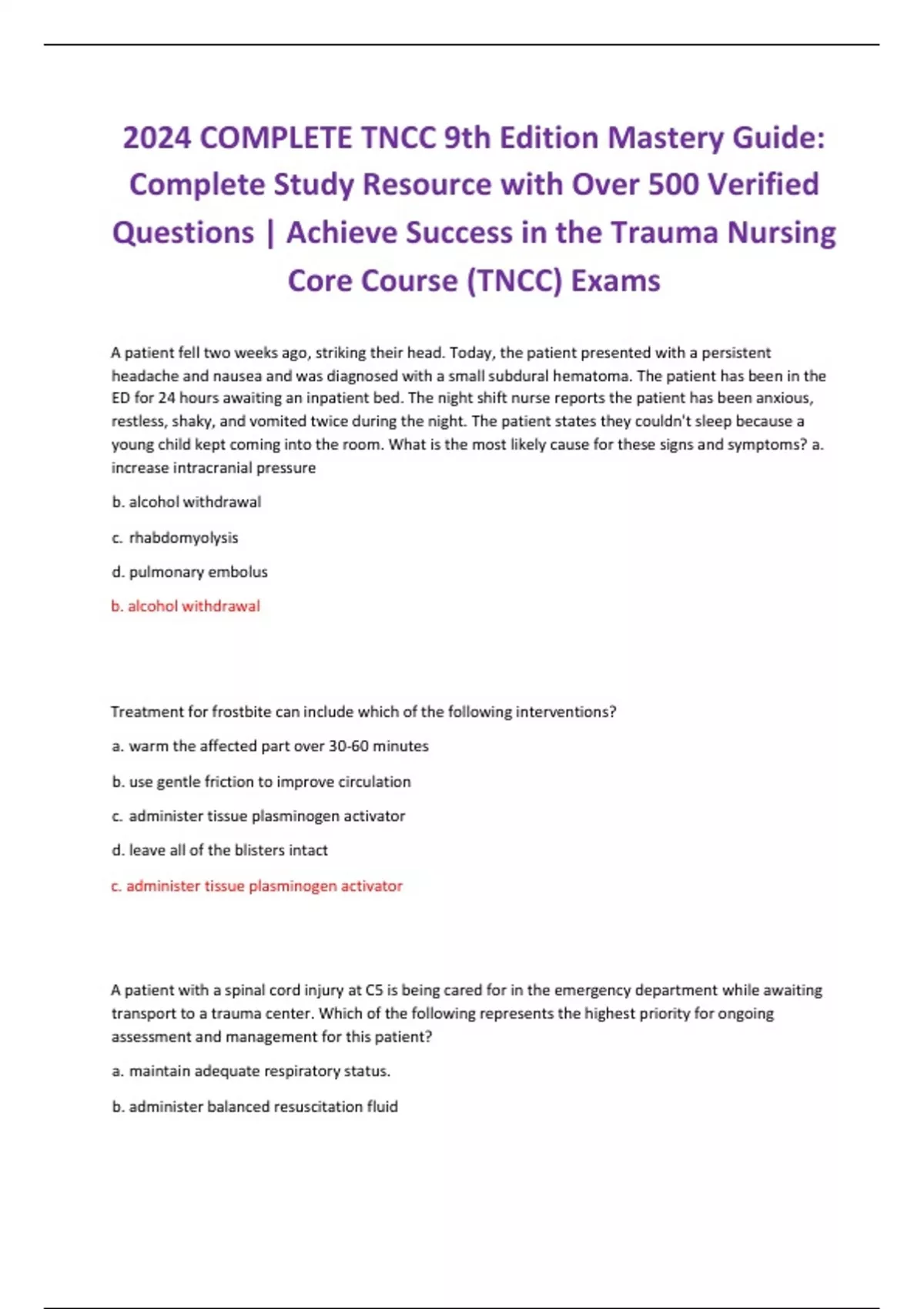 2024 COMPLETE TNCC 9th Edition Mastery Guide: Complete Study Resource with Over 500 Verified ...