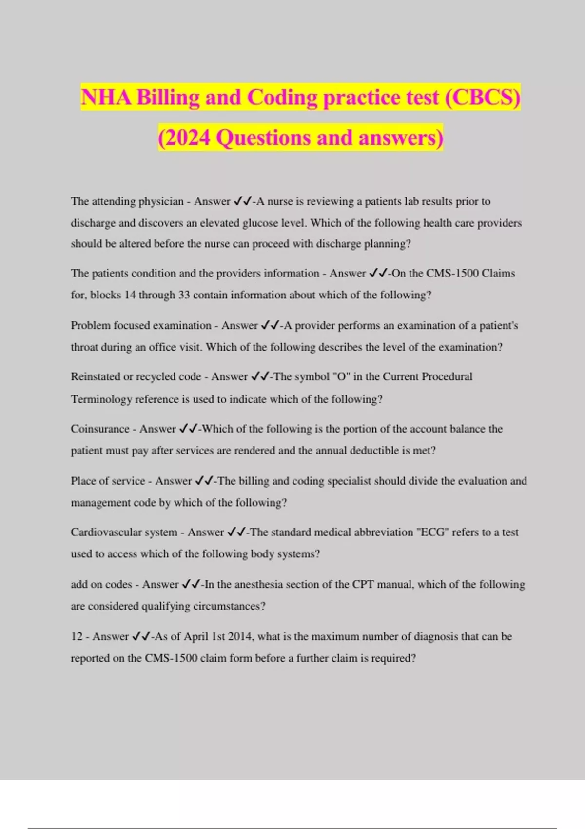 NHA Billing and Coding practice test (CBCS) (2024 Questions and answers ...