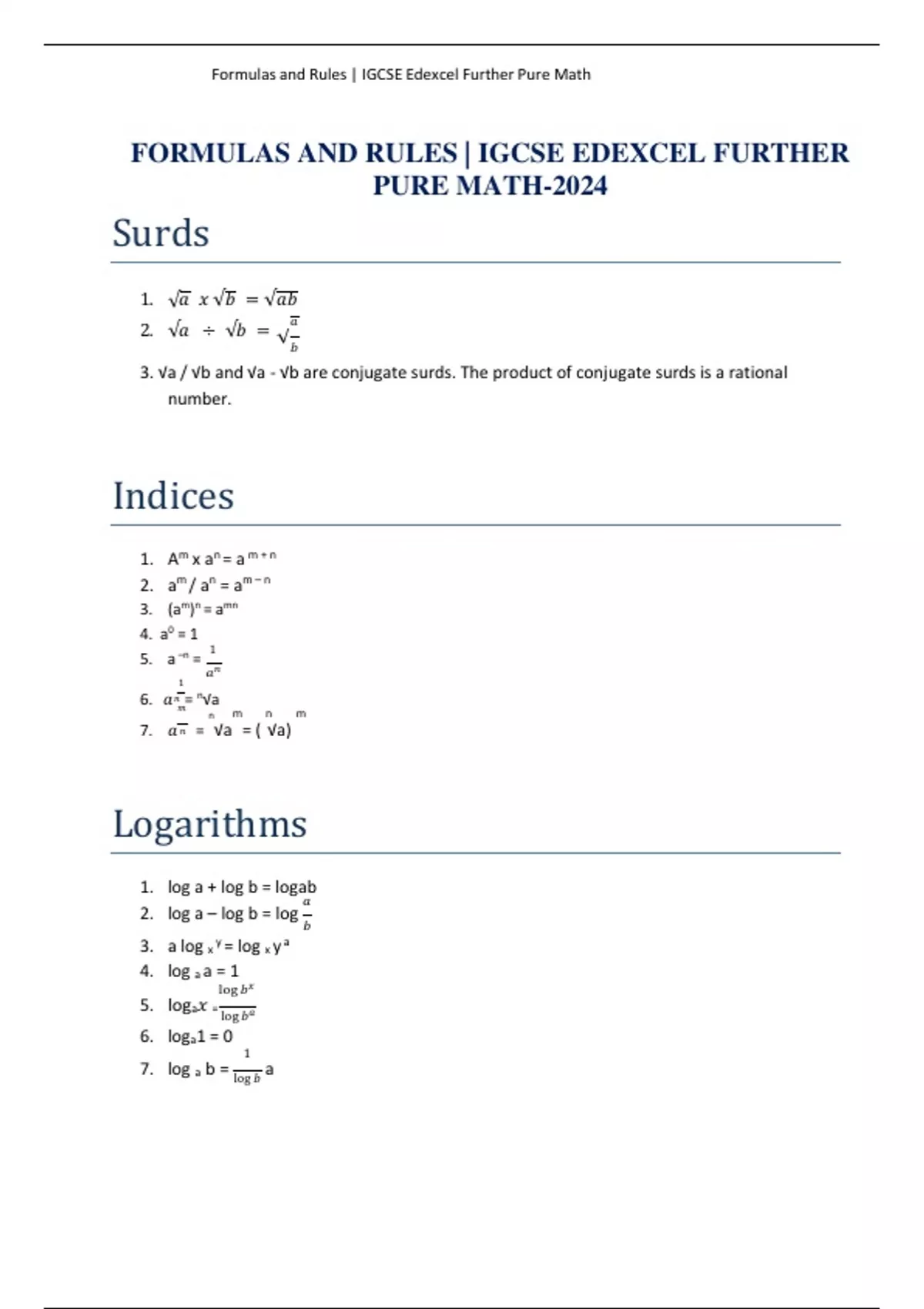 FORMULAS AND RULES | IGCSE EDEXCEL FURTHER PURE MATH-2024 Surds ...