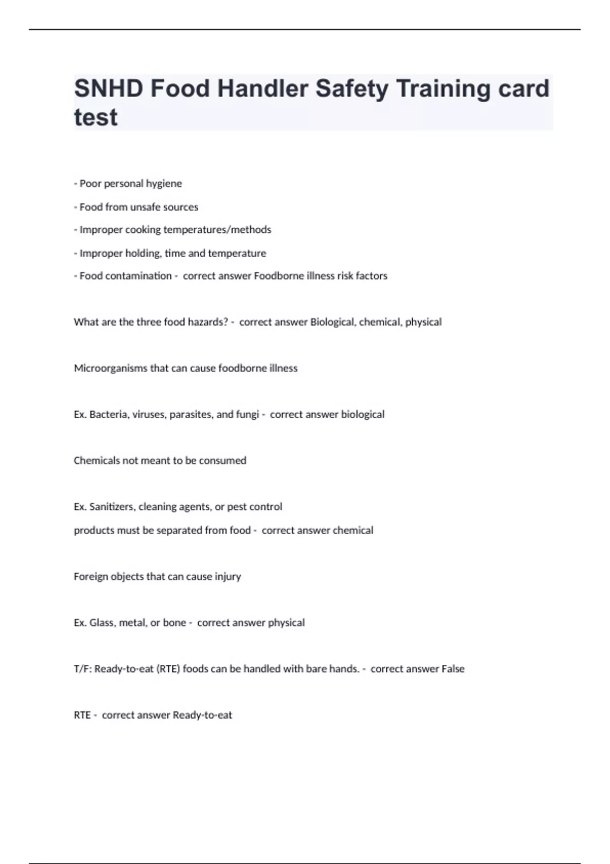 SNHD Food Handler Safety Training card test questions with 100% correct ...