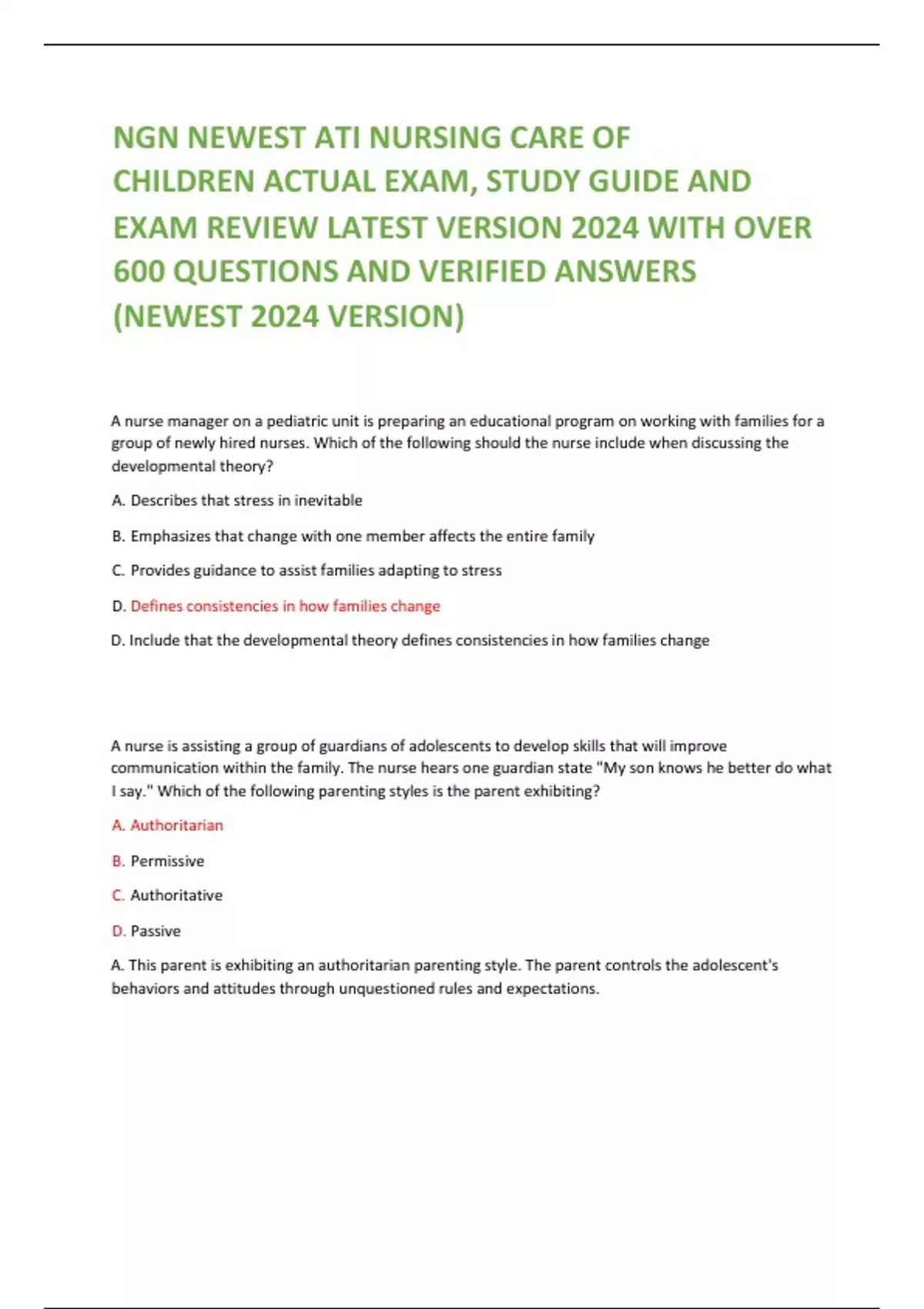 NGN NEWEST ATI NURSING CARE OF CHILDREN ACTUAL EXAM, STUDY GUIDE AND ...