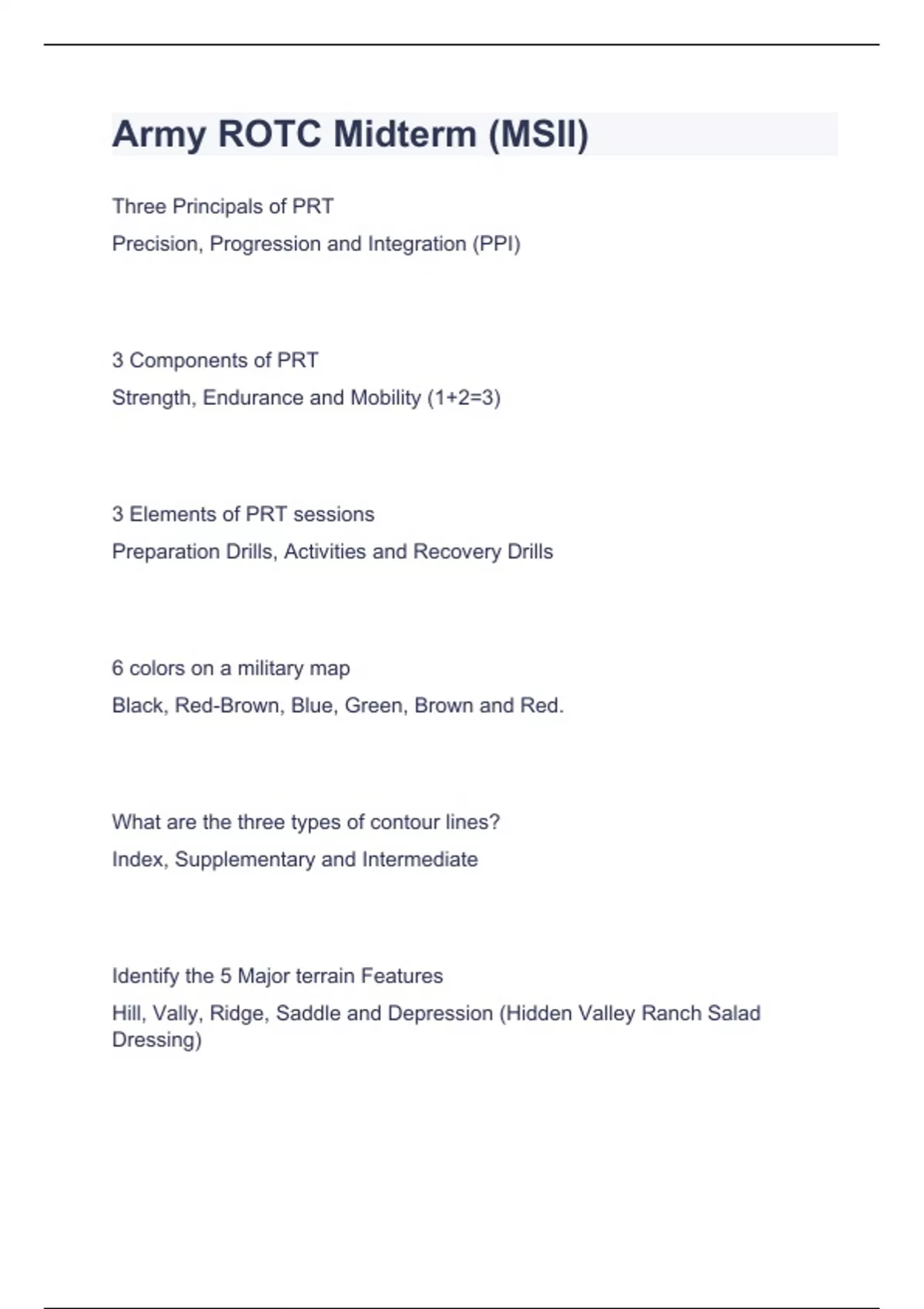 Army ROTC Midterm questions and answers verified 2024 - MSII - Stuvia US