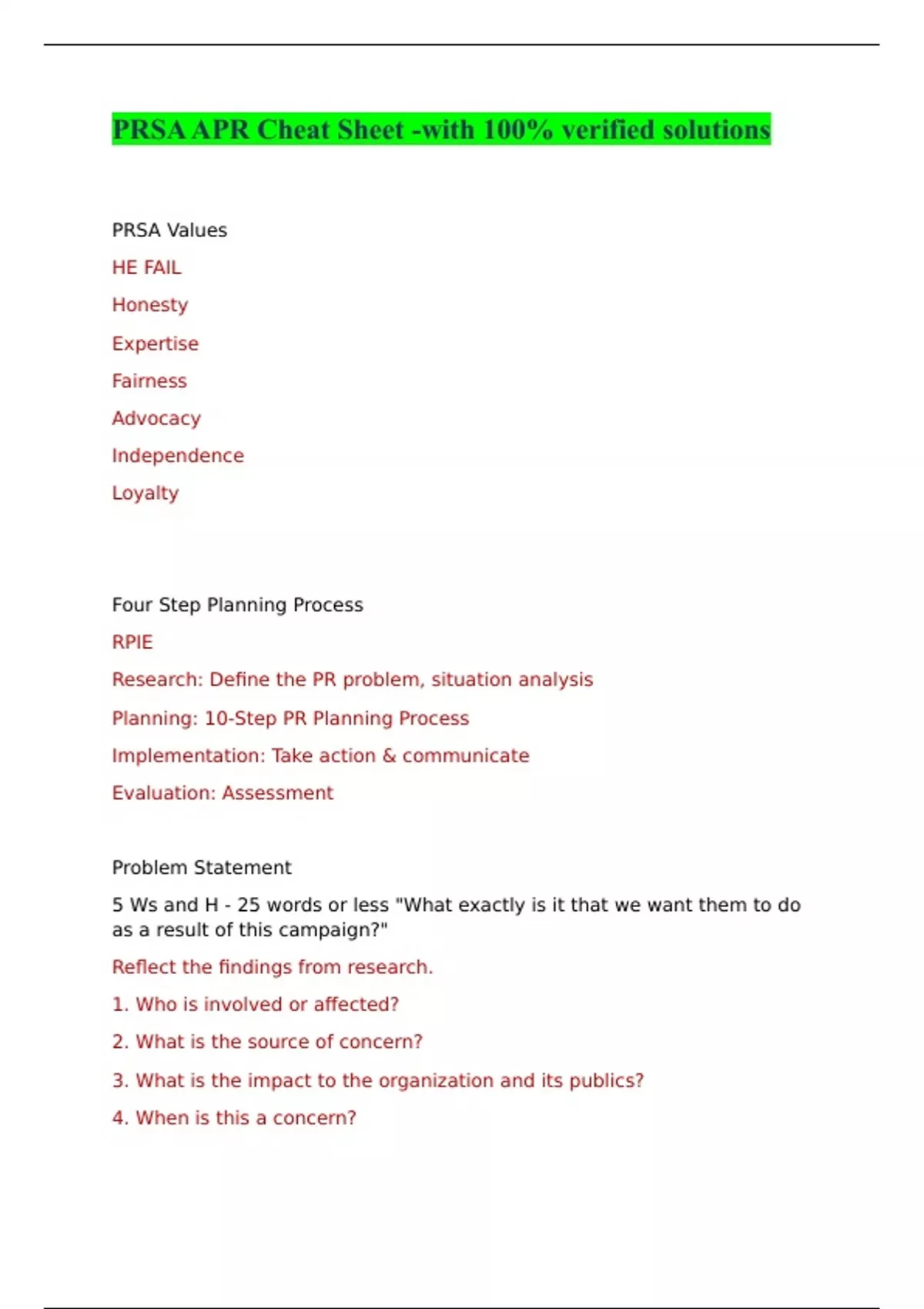 PRSA APR Cheat Sheet -with 100% verified solutions - PRSA APR Cheat ...