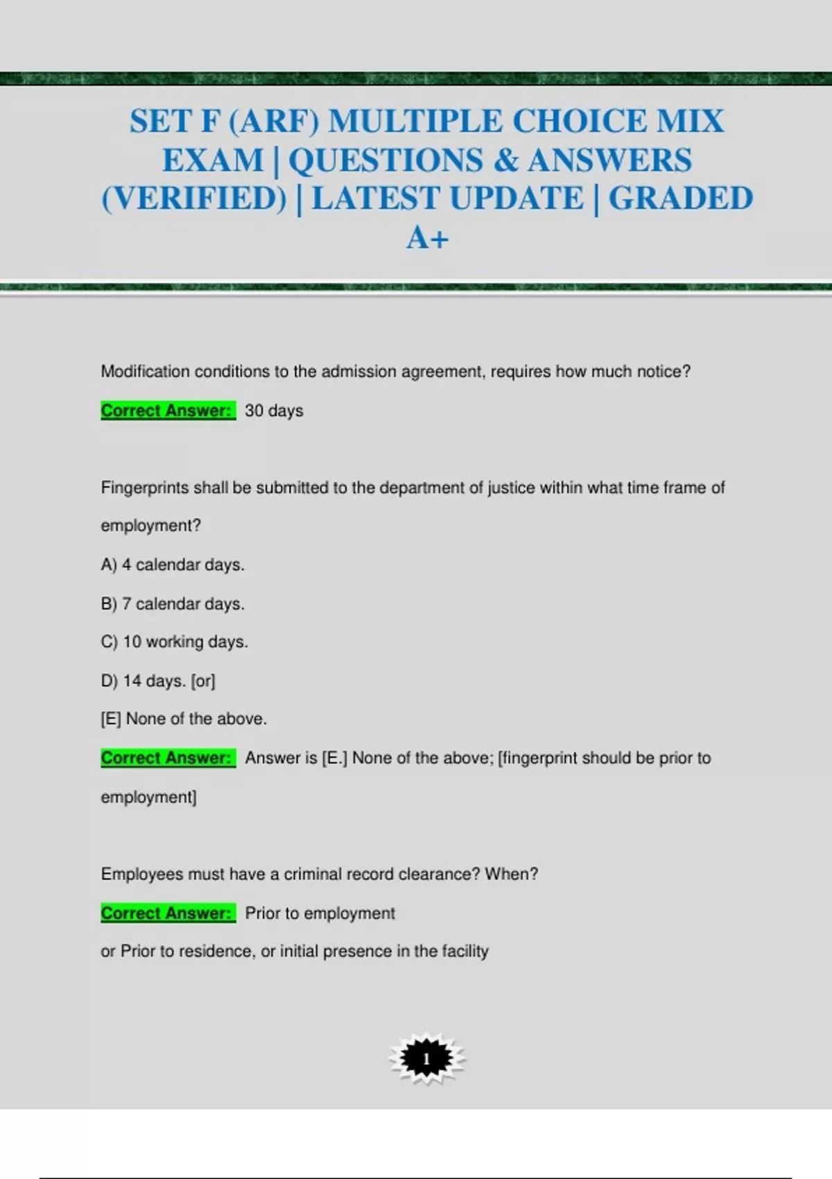 SET F (ARF) MULTIPLE CHOICE MIX EXAM | QUESTIONS & ANSWERS (VERIFIED ...