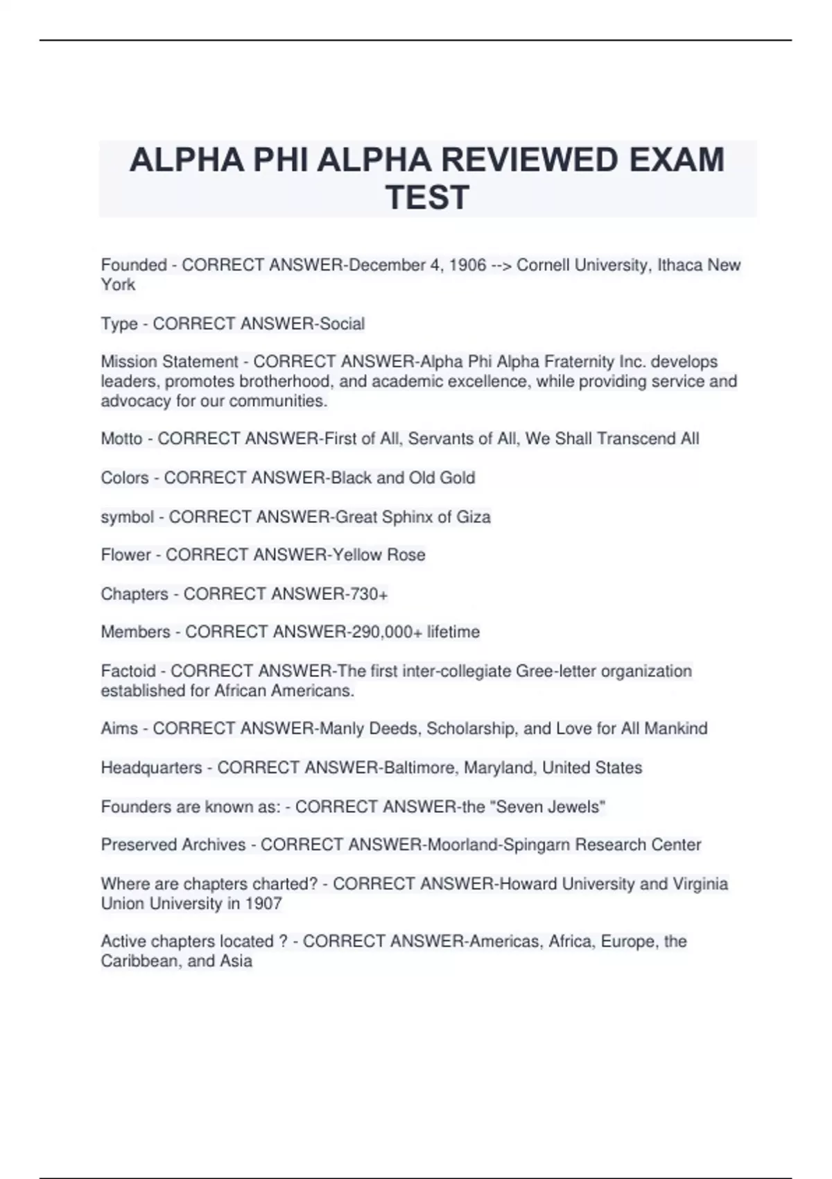 ALPHA PHI ALPHA REVIEWED EXAM TEST - Alpha Phi Alpha - Stuvia US