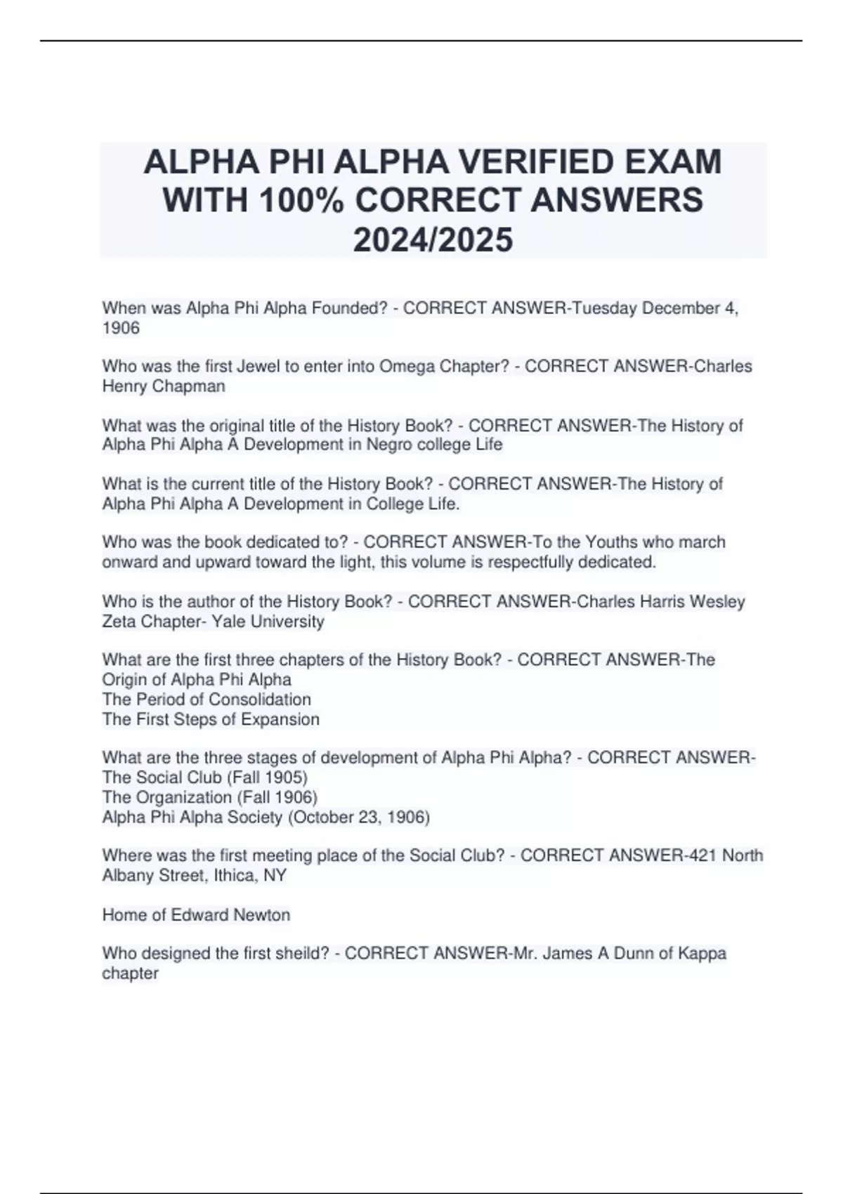 ALPHA PHI ALPHA VERIFIED EXAM WITH 100% CORRECT ANSWERS 2024/2025 - Alpha Phi Alpha - Stuvia US