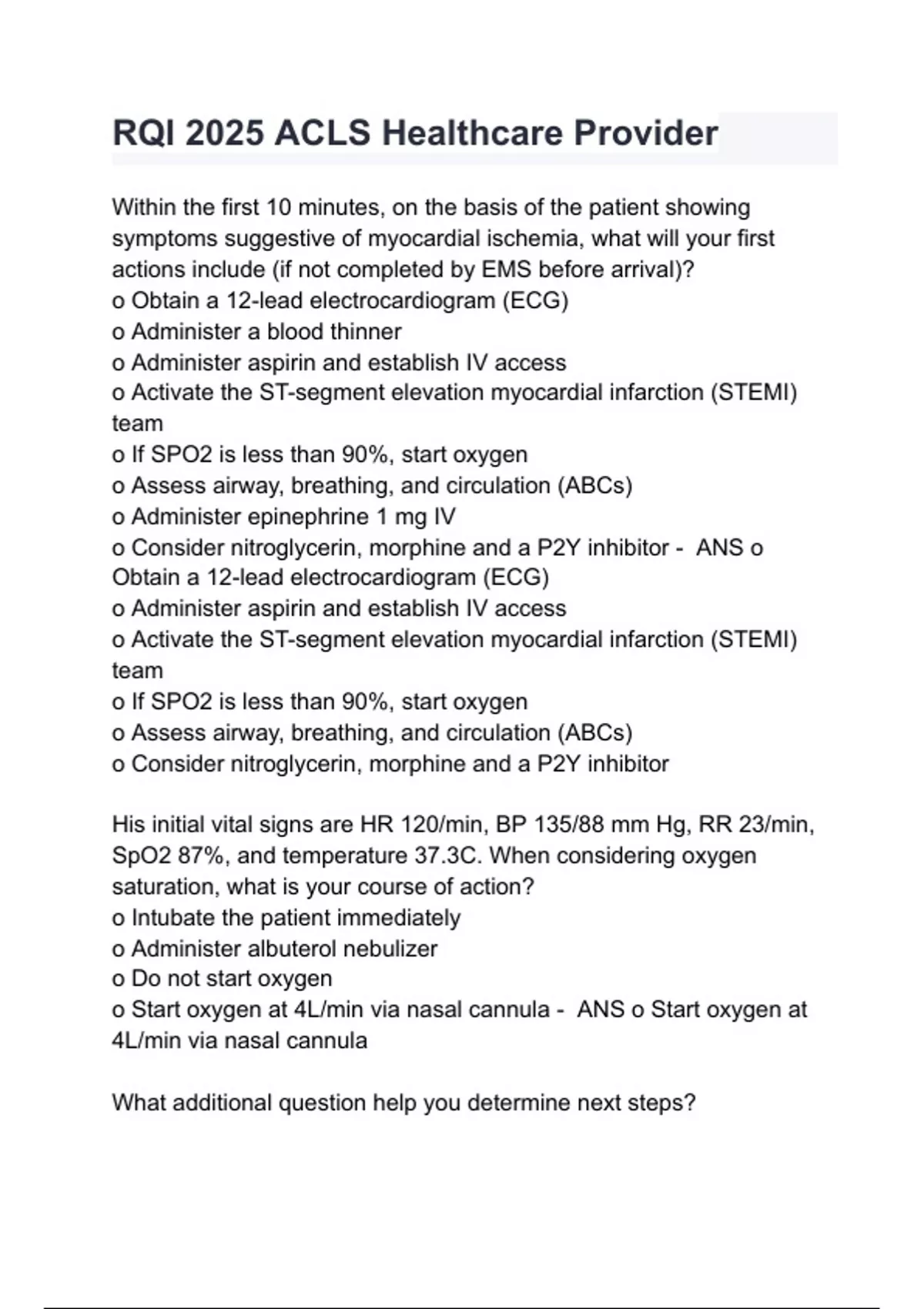 RQI 2025 ACLS Healthcare Provider Exam Questions with correct Answers ...