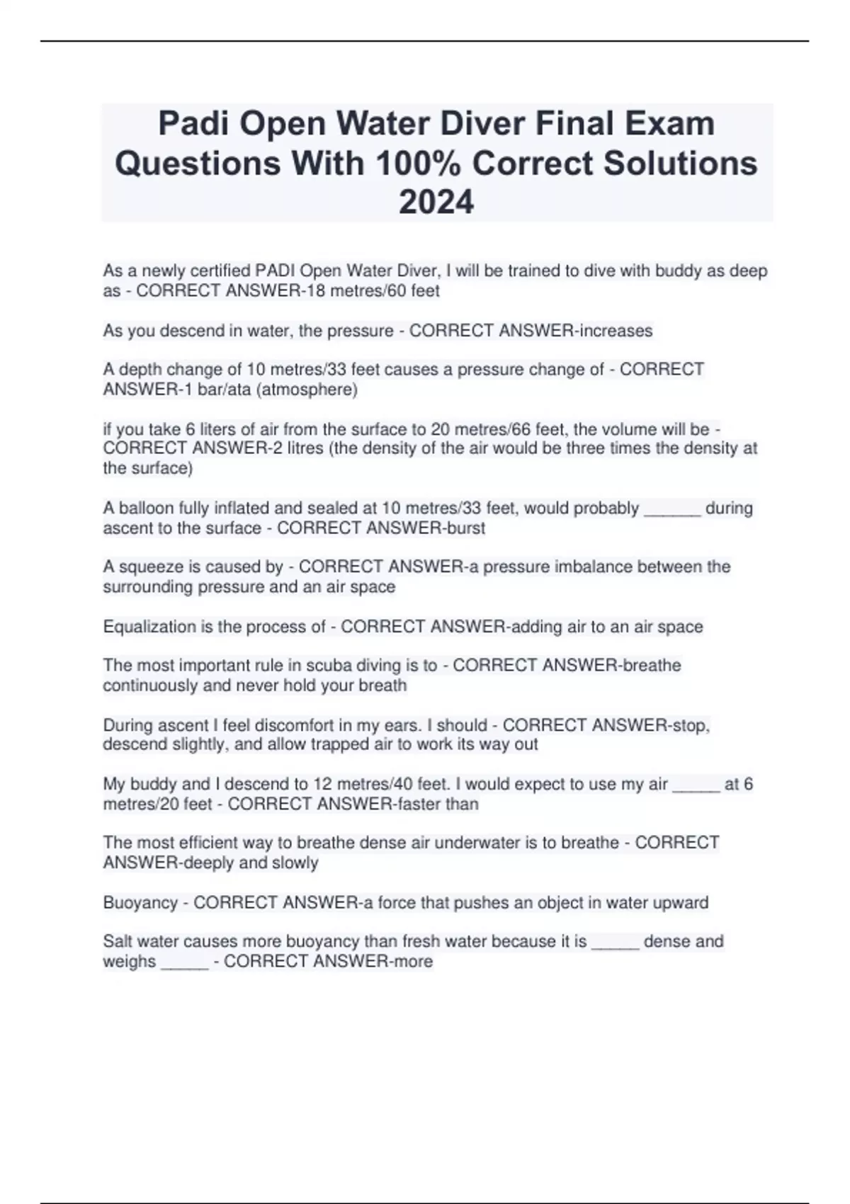 Padi Open Water Diver Final Exam Questions With 100% Correct Solutions 2024 - Padi Diving Course ...