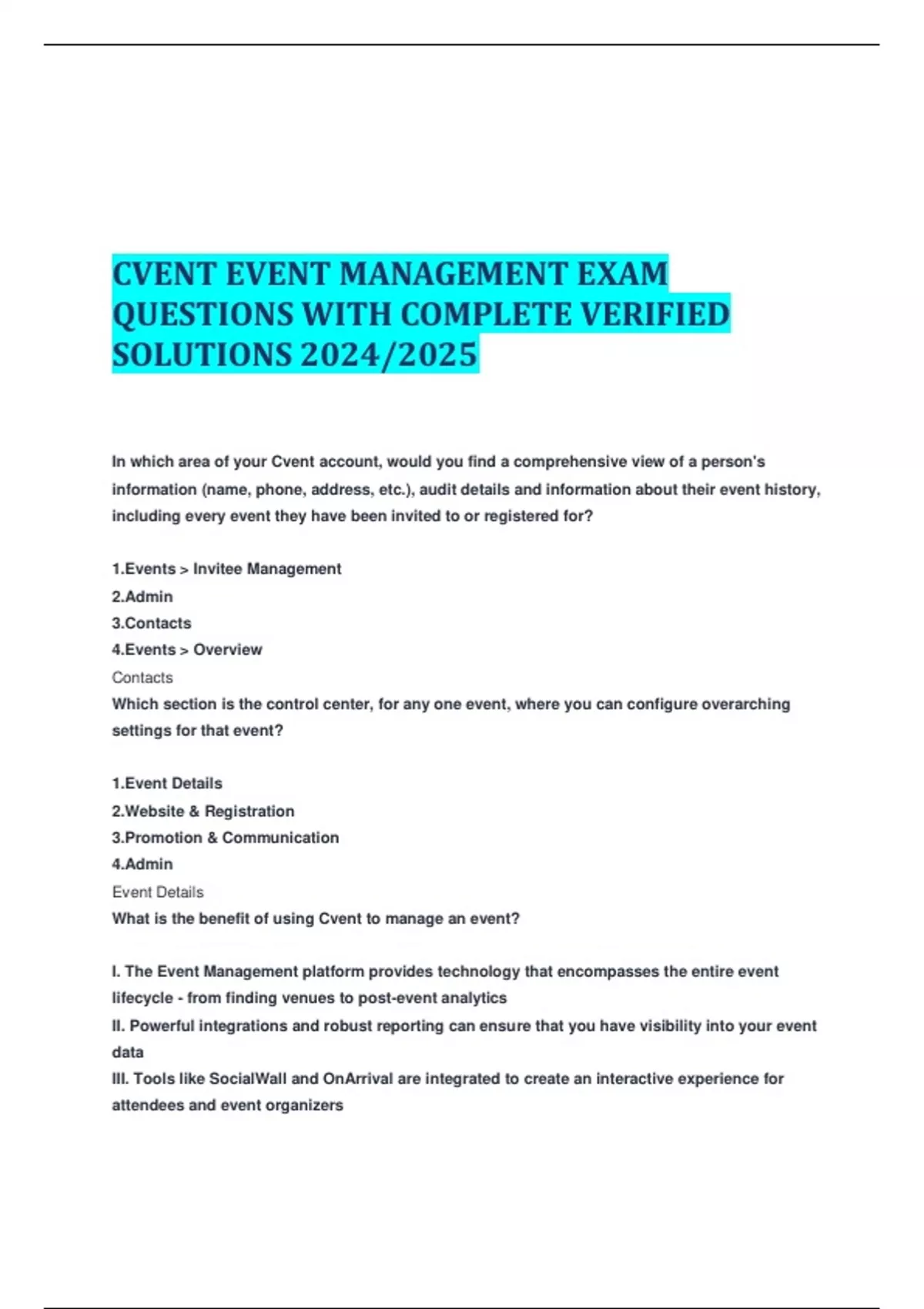 CVENT EVENT MANAGEMENT EXAM QUESTIONS WITH COMPLETE VERIFIED SOLUTIONS 2024/2025 - CVENT - Stuvia US