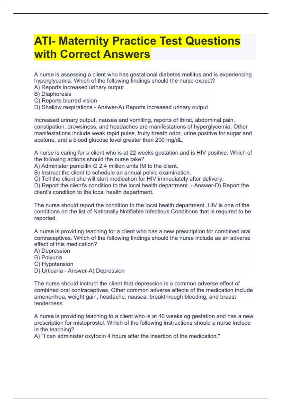 ATI- Maternity Practice Test Questions with Correct Answers - ATI ...