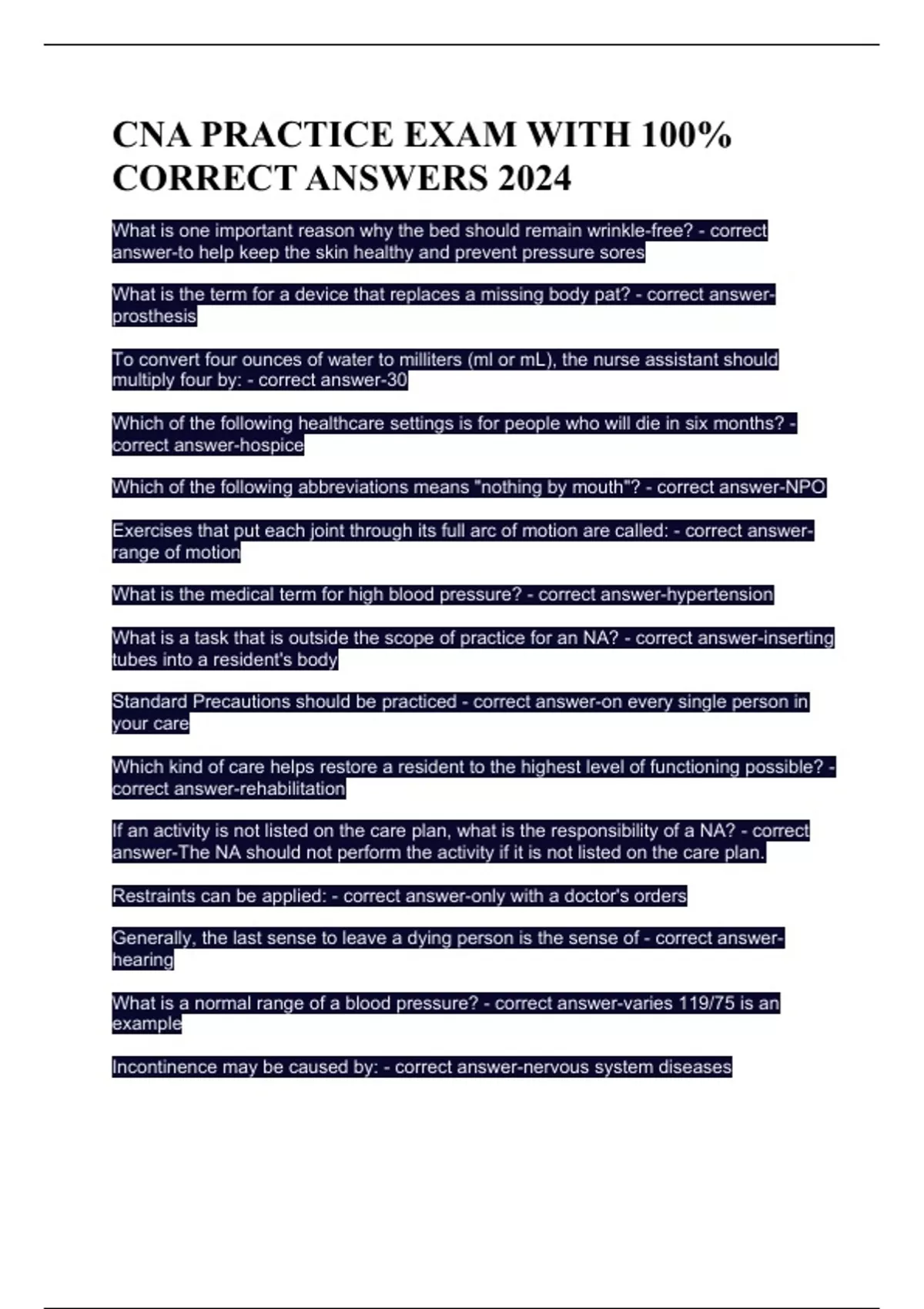 CNA PRACTICE EXAM WITH 100% CORRECT ANSWERS 2024 - CNA - Certified ...