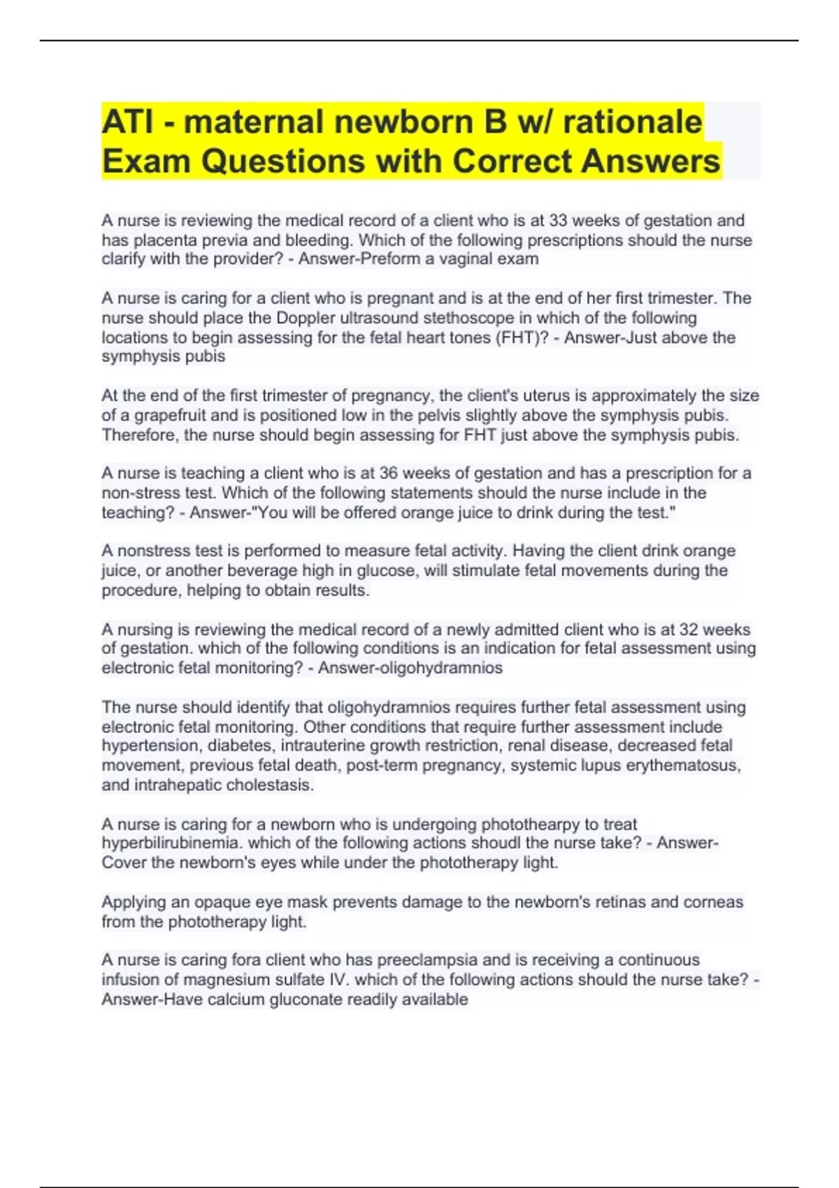 ATI - maternal newborn B w/ rationale Exam Questions with Correct ...