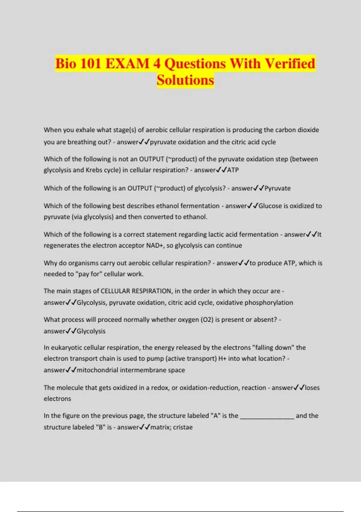 Bio 101 EXAM 4 Questions With Verified Solutions - Bio 101 - Stuvia US